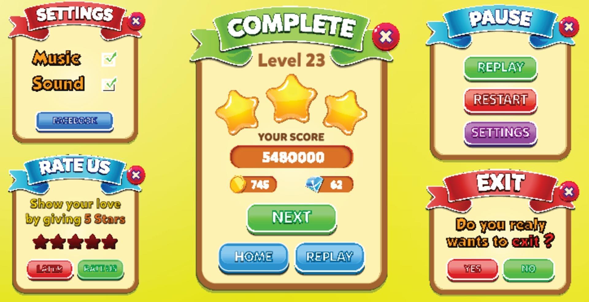 Level selection game menu scene with buttons loading bar and stars Pro ...