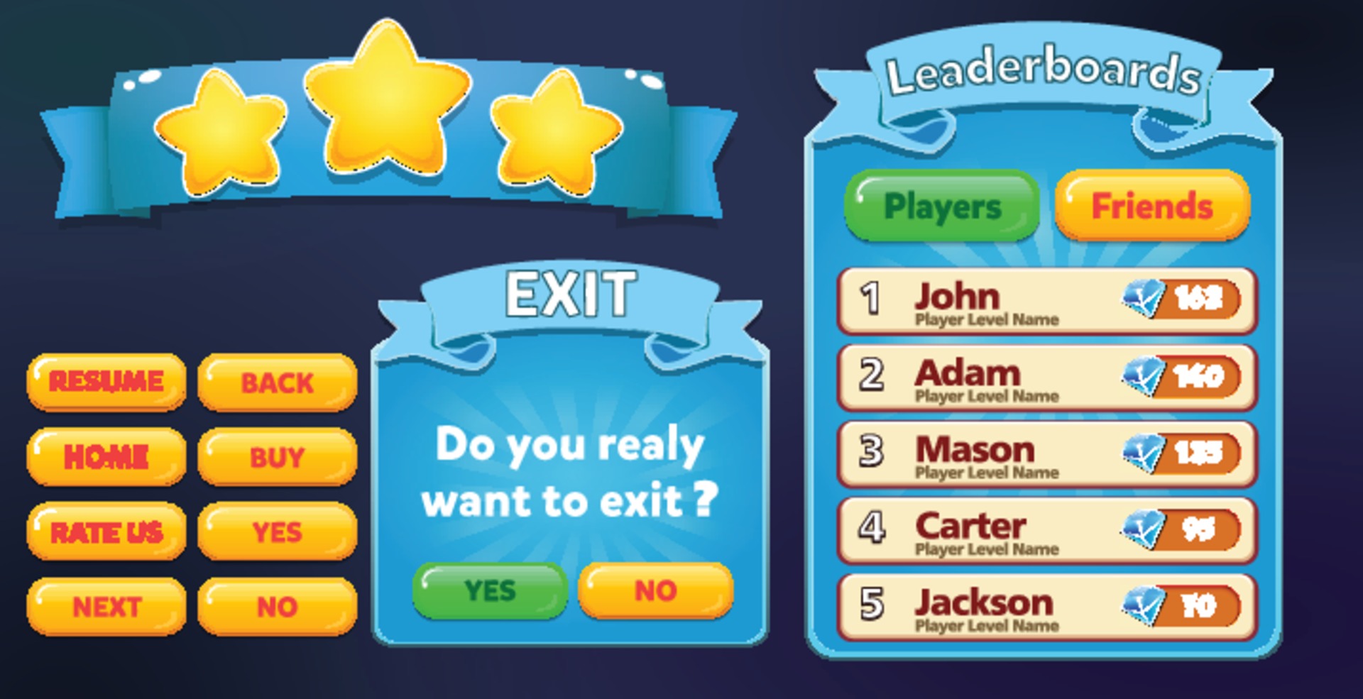 Level selection game menu scene with buttons loading bar and stars Pro ...
