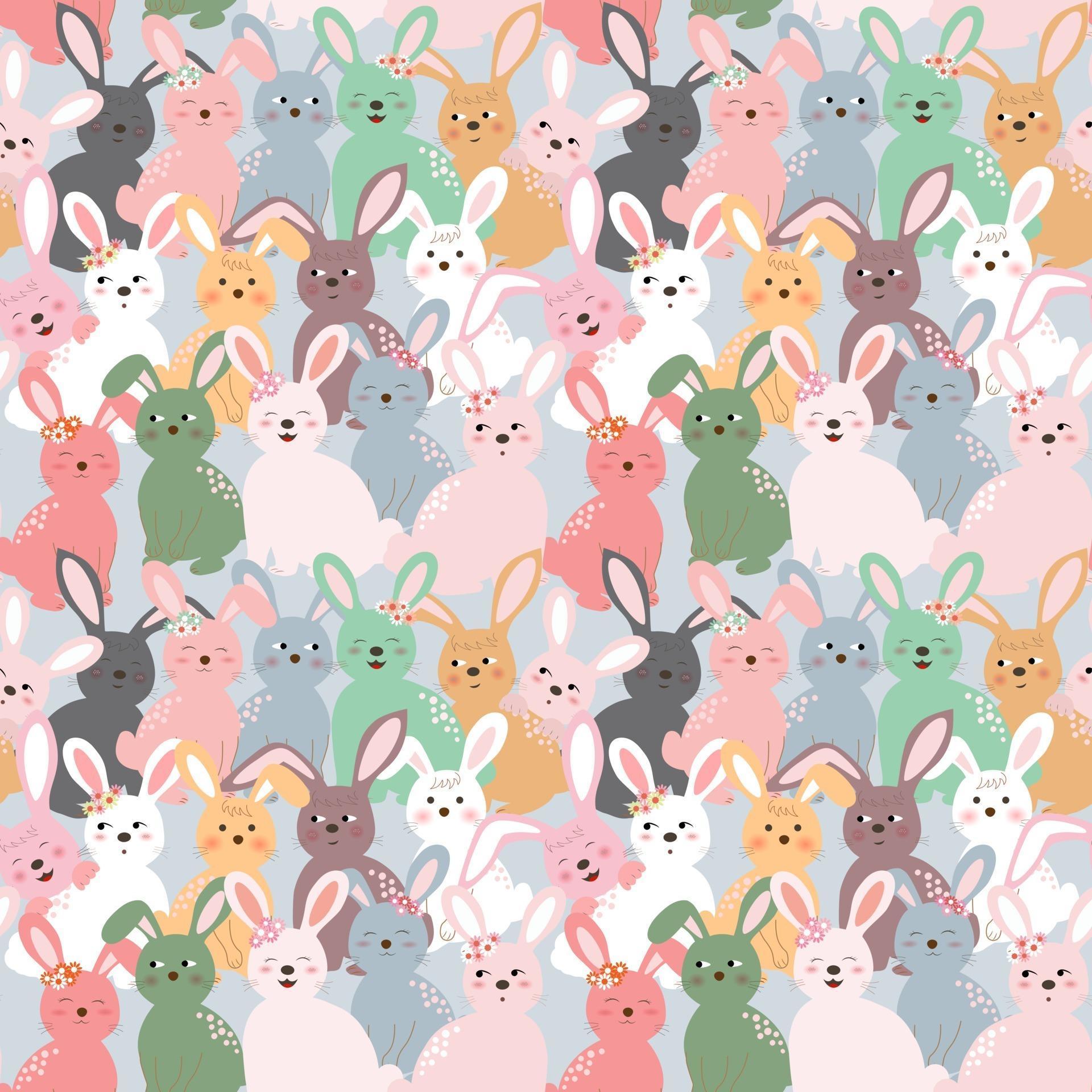 Cute colorful rabbits seamless pattern on pastel blue background for ...