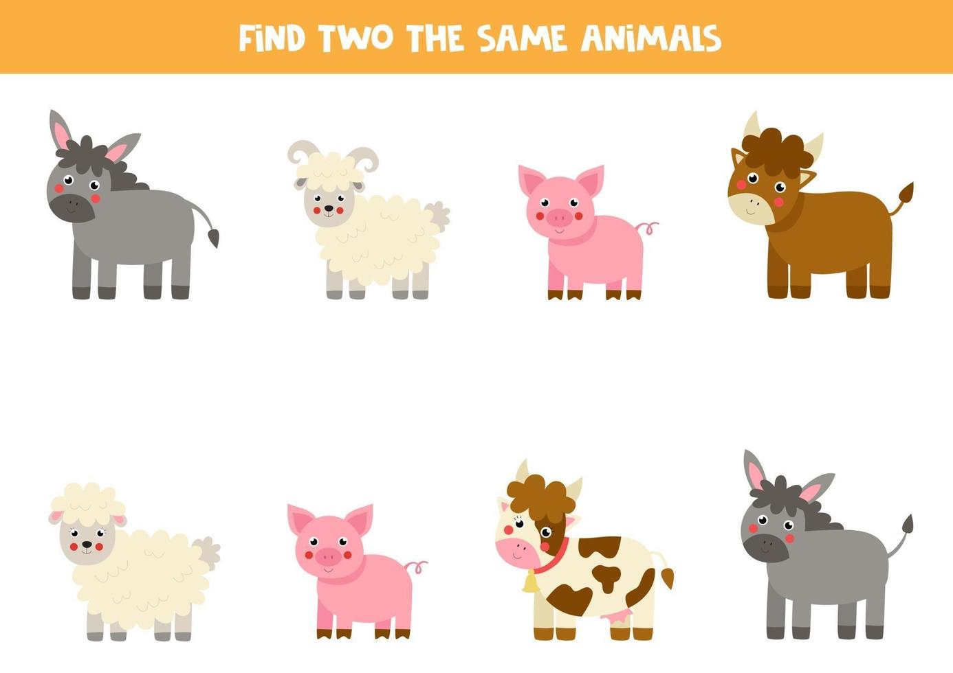 Find two identical farm animals Educational game for preschool children ...