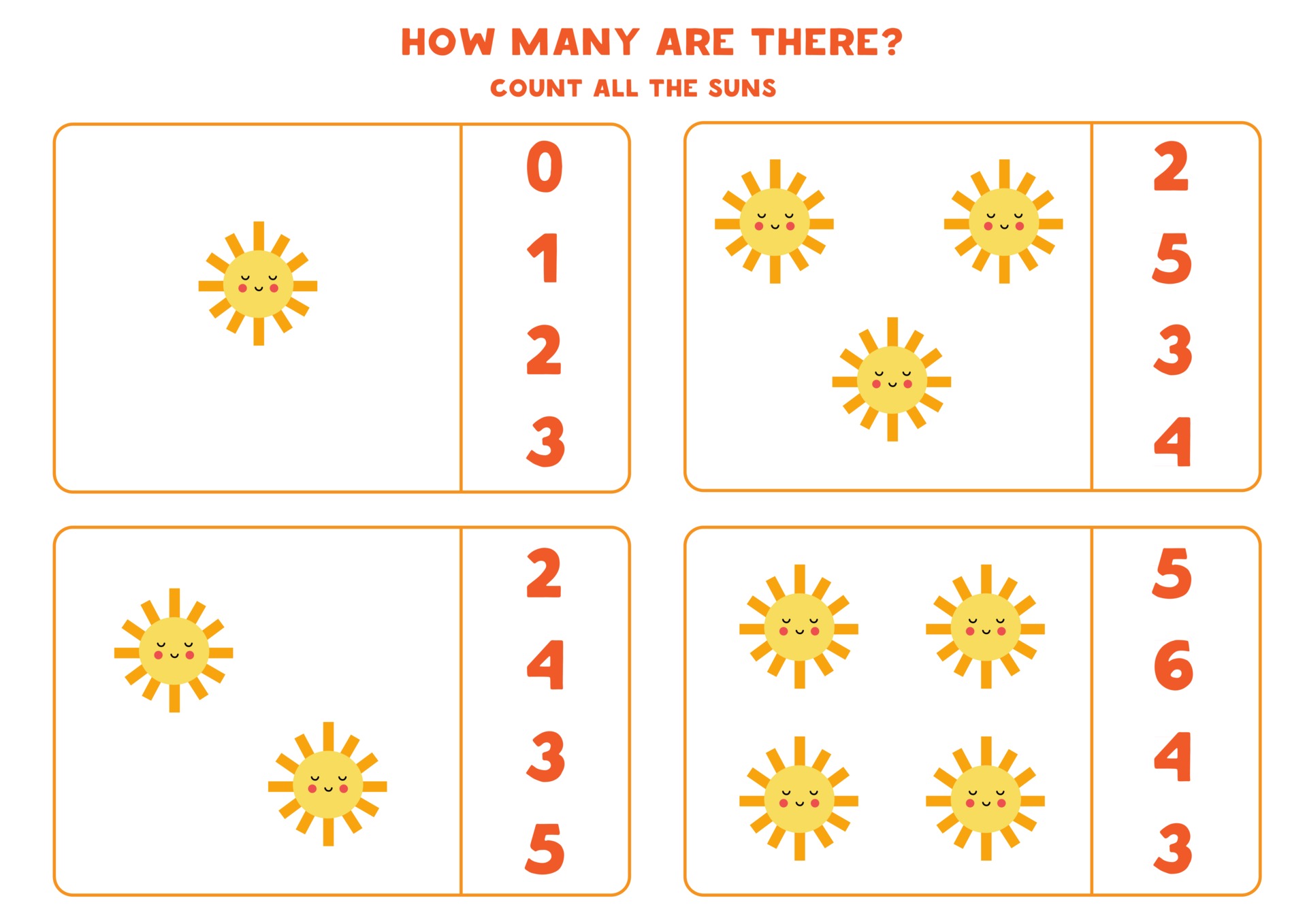 Counting game with cute sun Math worksheet 2435683 Vector Art at Vecteezy