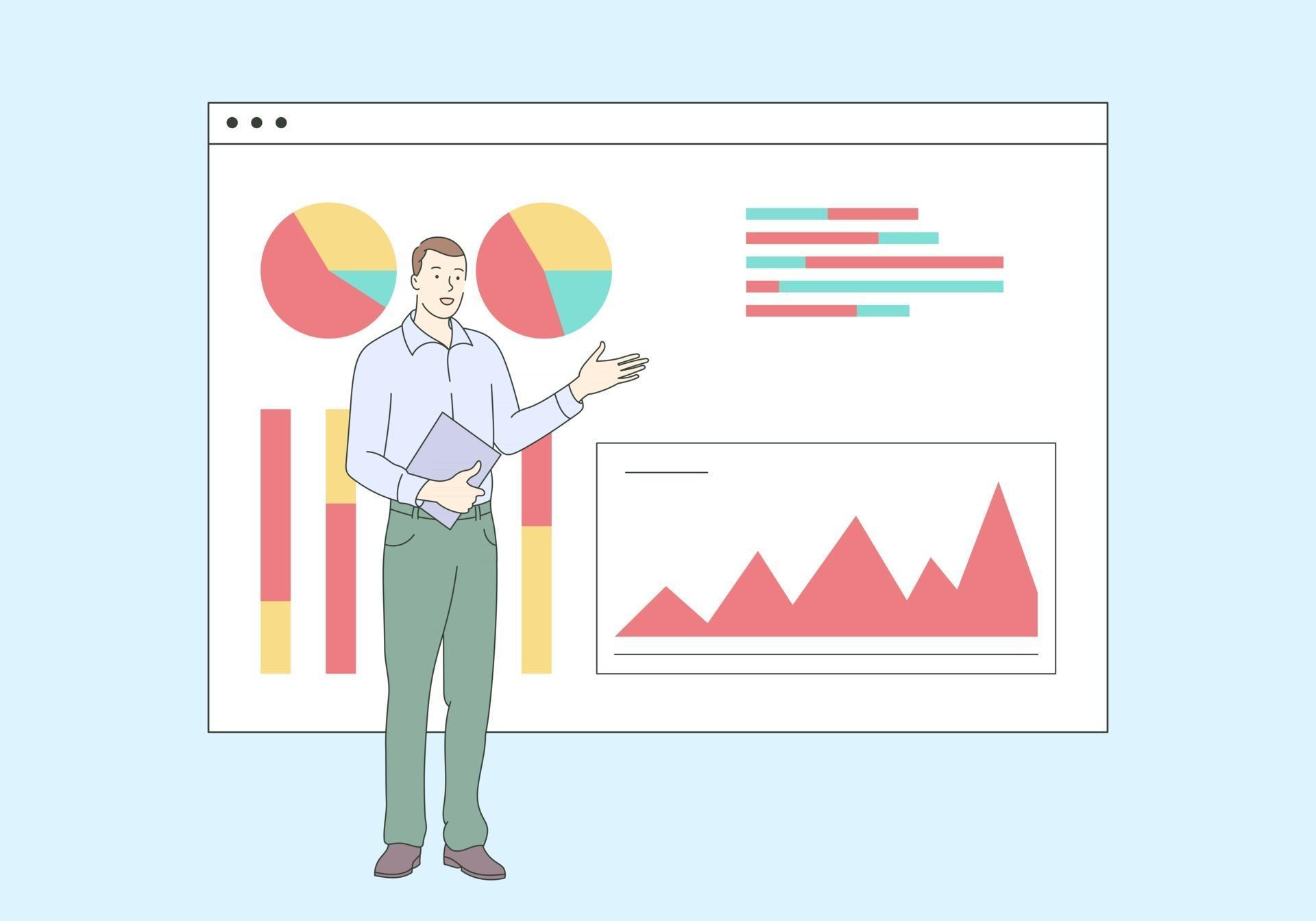 Young businessman cartoon character doing data analysis and research ... Young businessman cartoon character doing data analysis and research ...