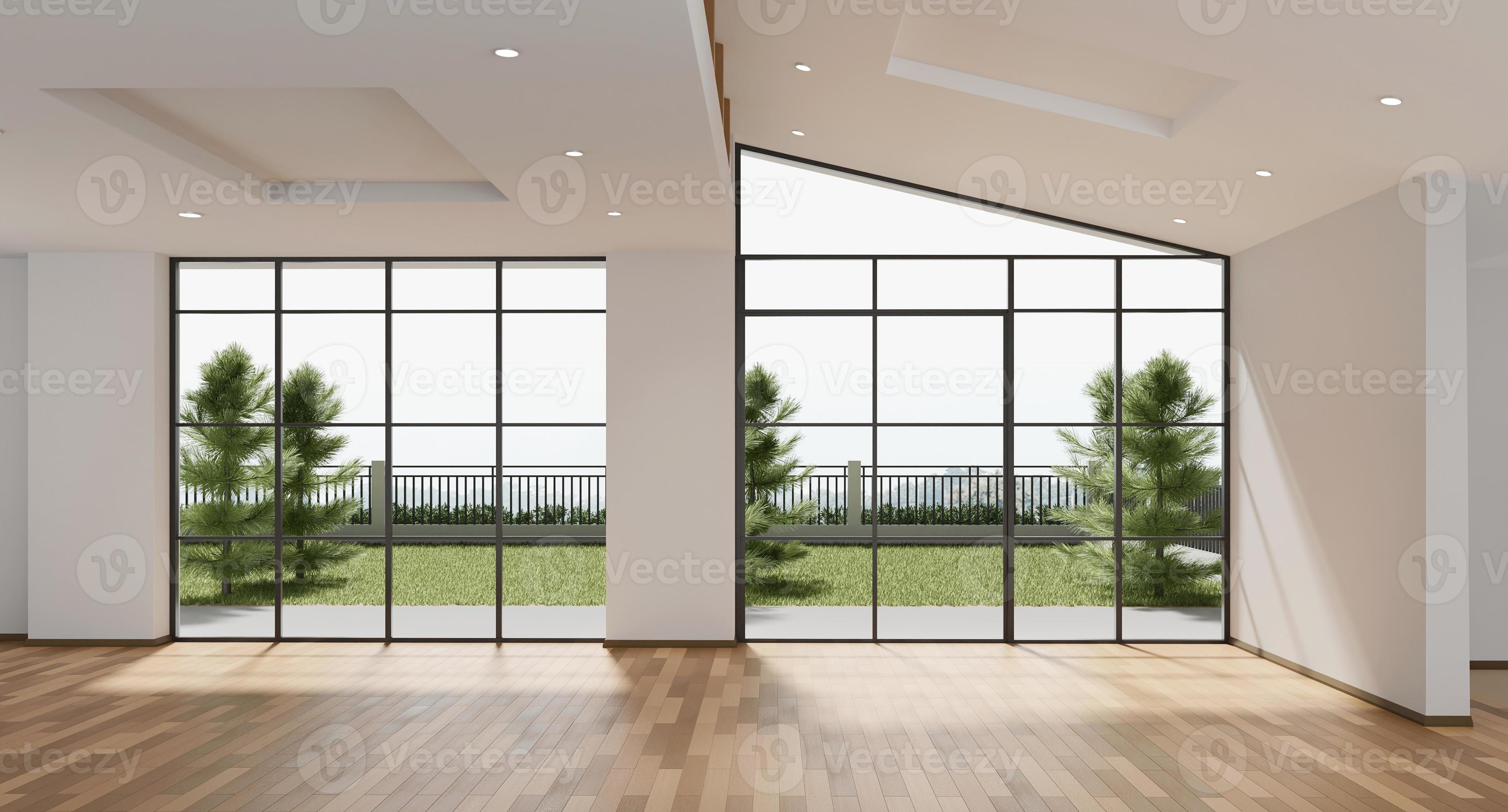 Empty room design copy space with the wooden floor and foliage outside ...