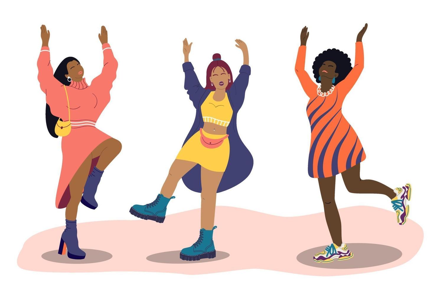 Young women of different nationalities dance. Girls in fashionable ...