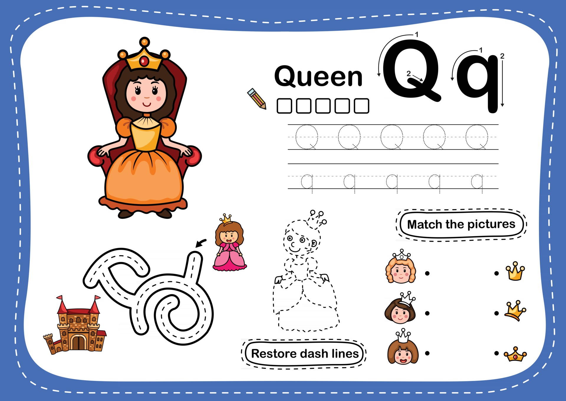 Alphabet Letter Q Queen exercise with cartoon vocabulary illustration ...