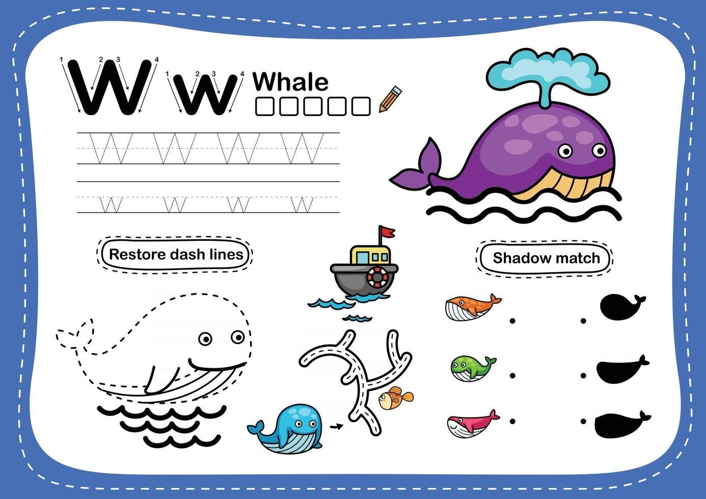 Alphabet Letter W whale exercise with cartoon vocabulary illustration ...