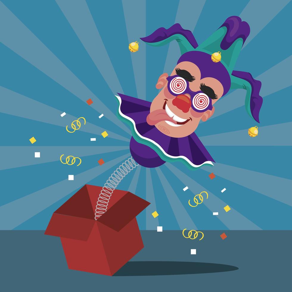 Clown Wearing Joker Hat And Mask In Surprise Box And Confetti 2505029 Vector Art At Vecteezy