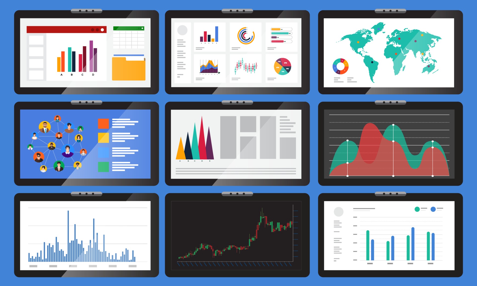 Various monitors display graphs and charts. In business analysis ...