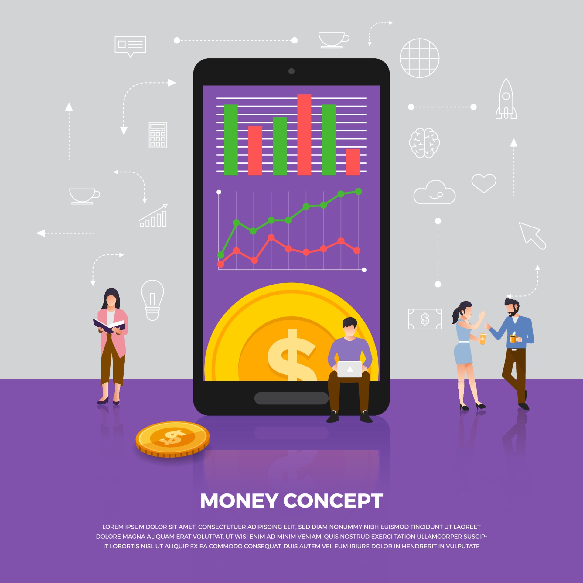 Flat design concept money business. Group people development icon coin ... Flat design concept money business. Group people development icon coin ...