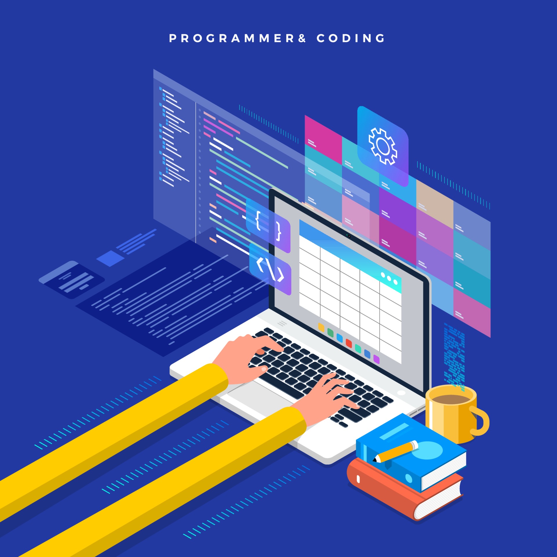 Isometric flat design concept programmer and coding. Vector ...