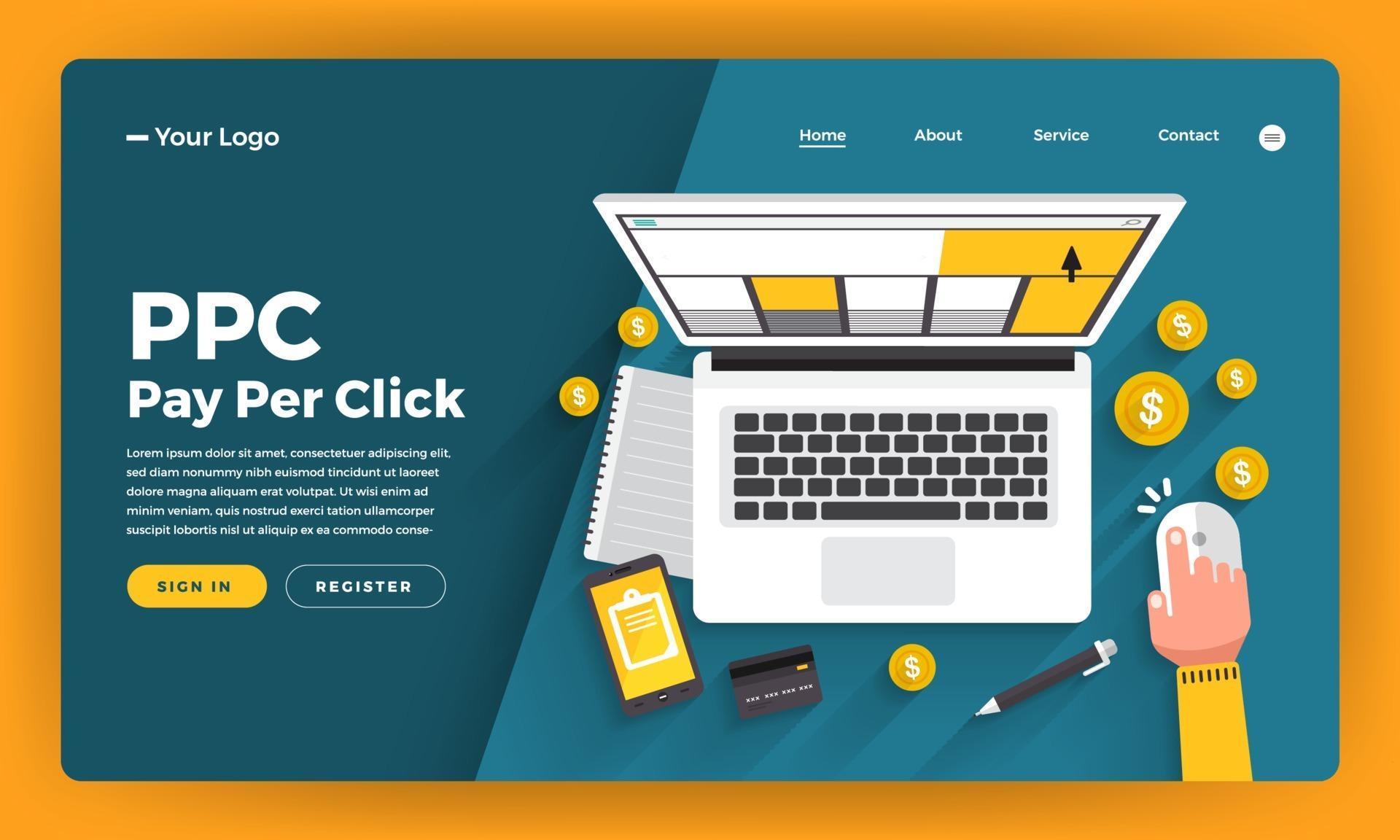 Mock-up design website flat design concept PPC pay per click. Vector ... Mock-up design website flat design concept PPC pay per click. Vector ...