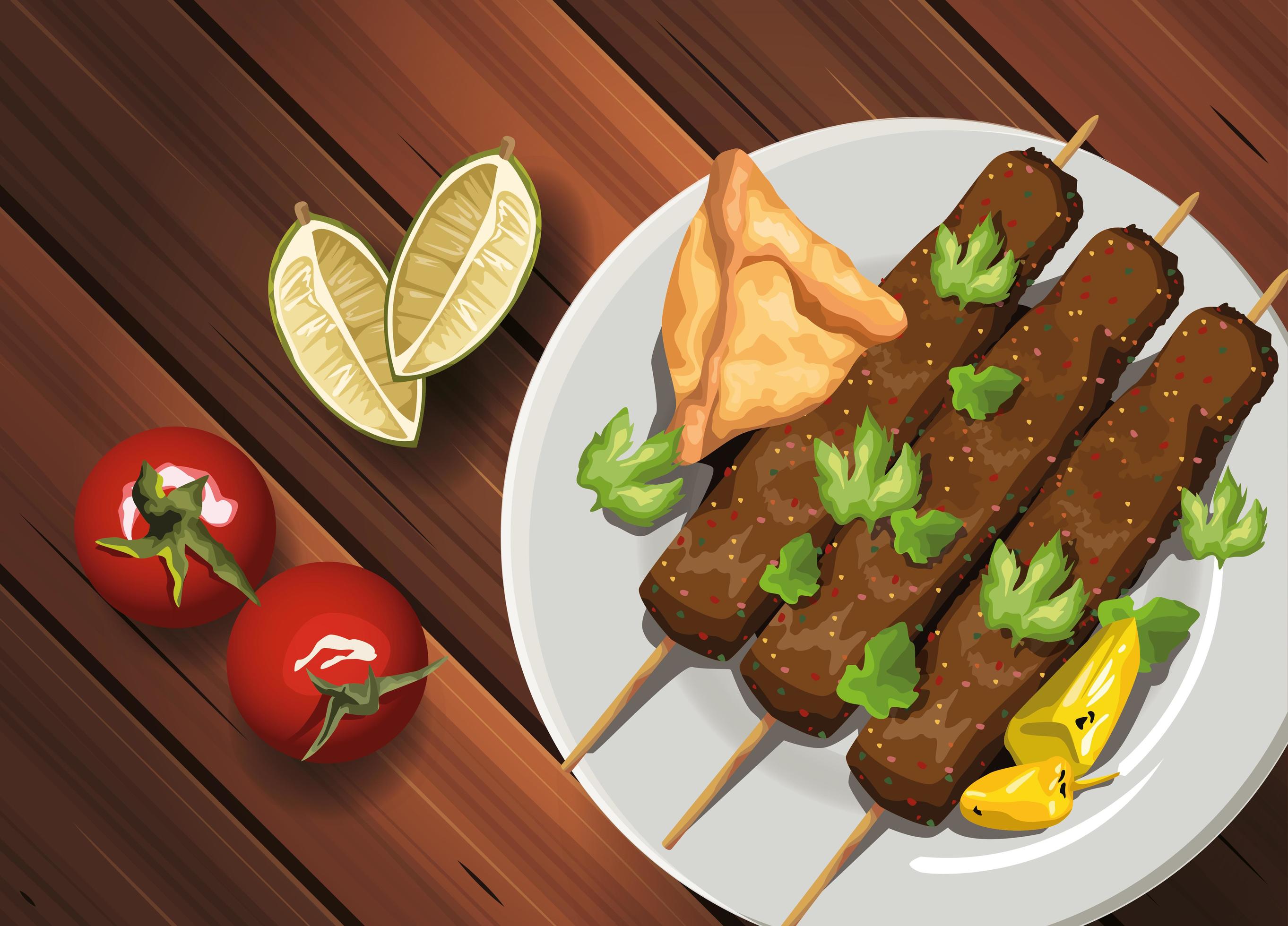 middle eastern food in wooden table 2526866 Vector Art at Vecteezy