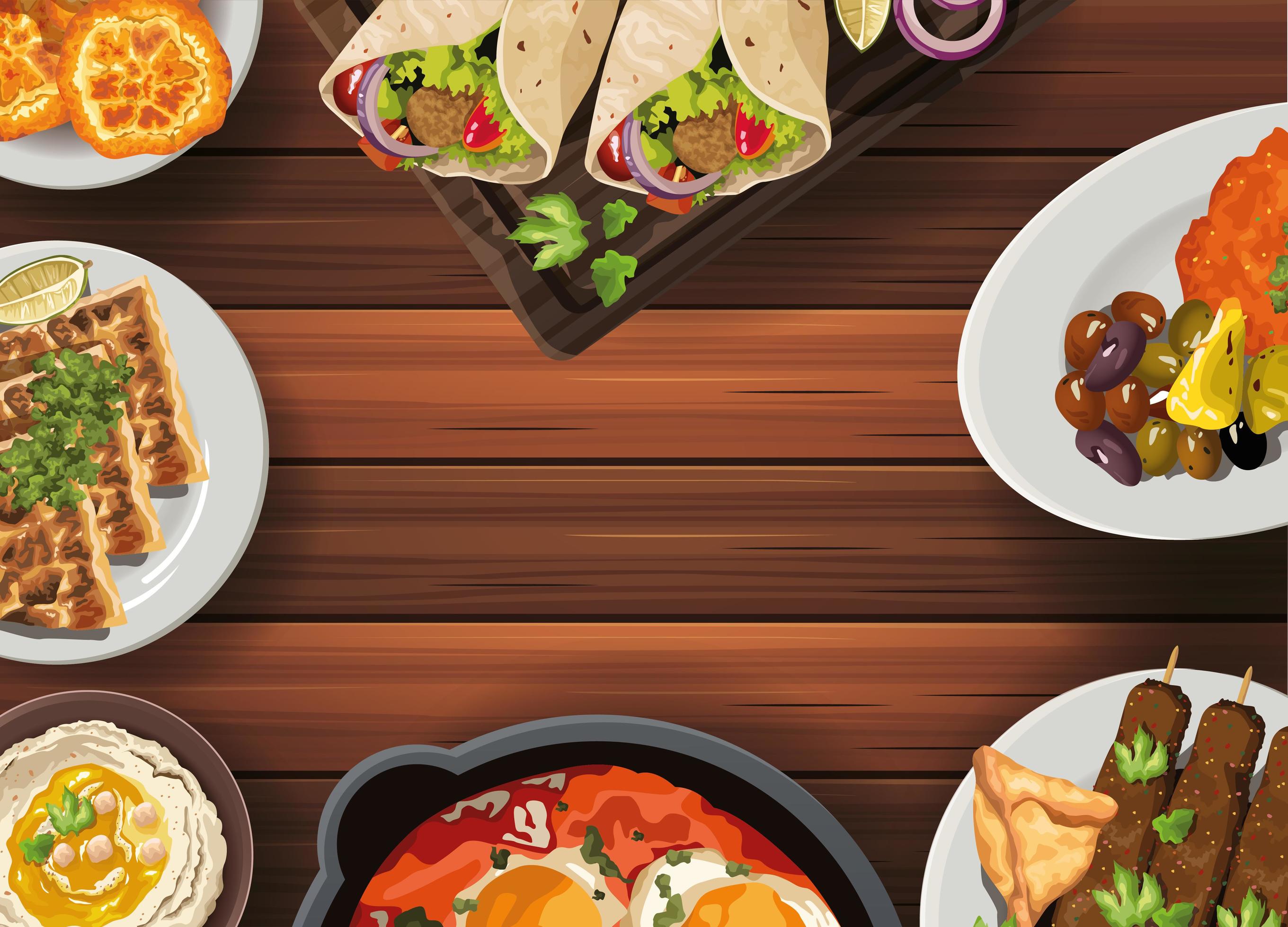 middle eastern food in wooden table 2526875 Vector Art at Vecteezy