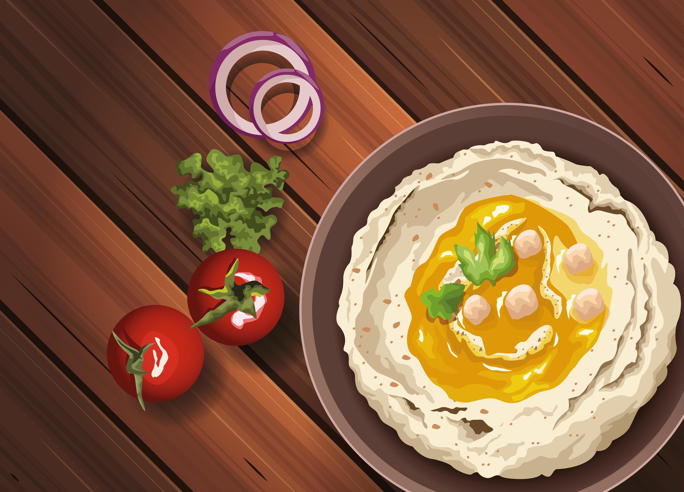 middle eastern food in wooden table 2526894 Vector Art at Vecteezy