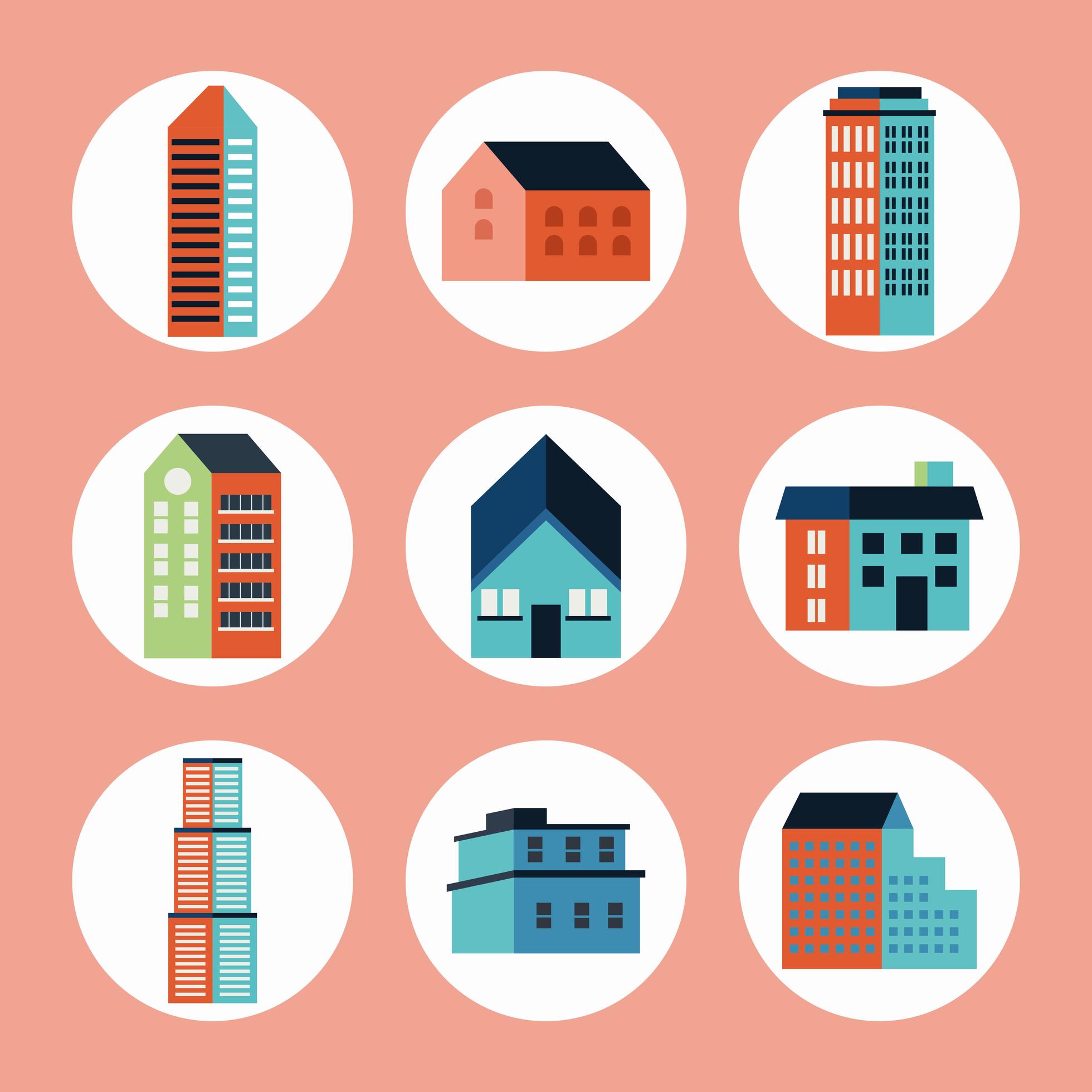 nine set buildings 2528067 Vector Art at Vecteezy