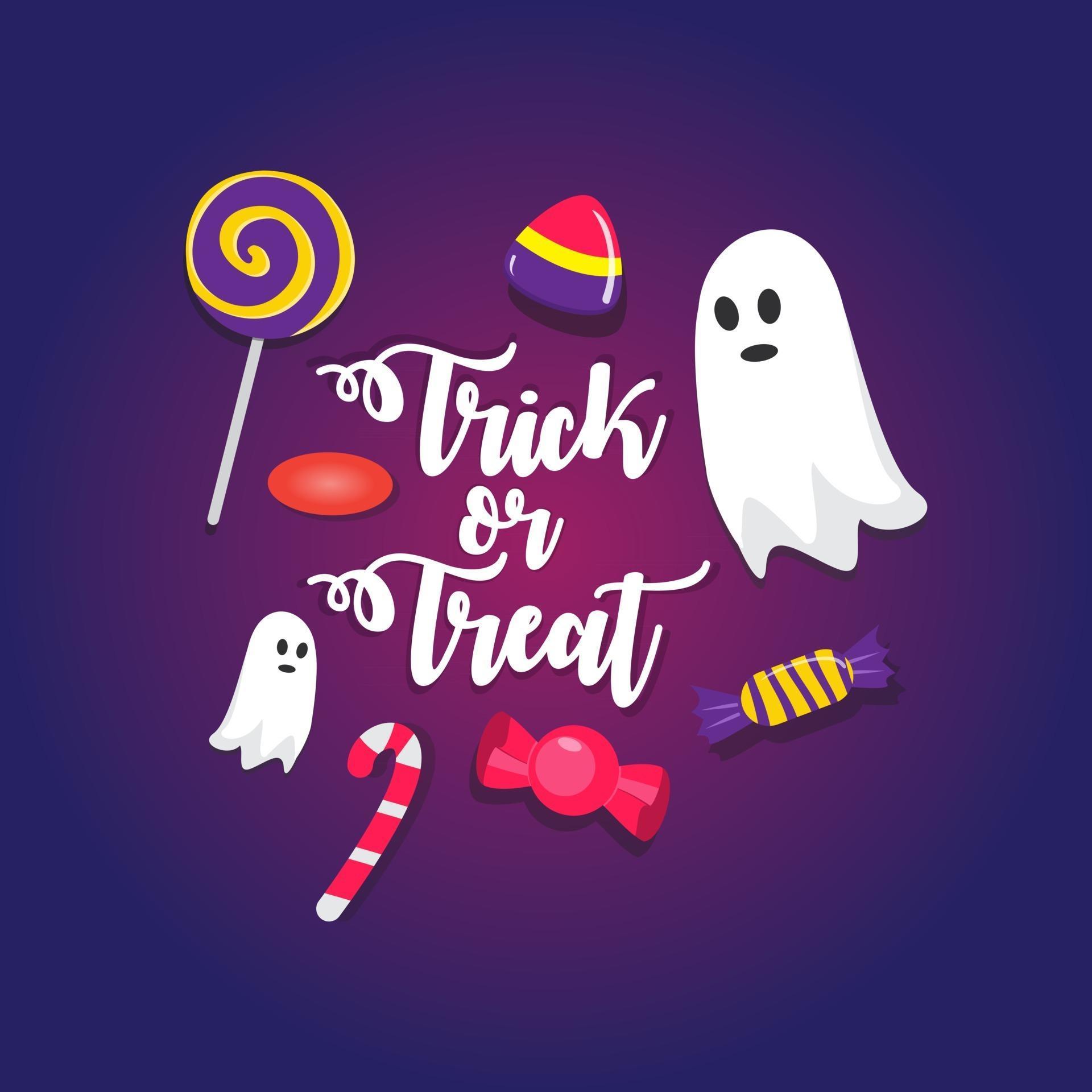 Cute Trick Or Treat Halloween Free Vector Illustration Design With Candy And Ghost Elements