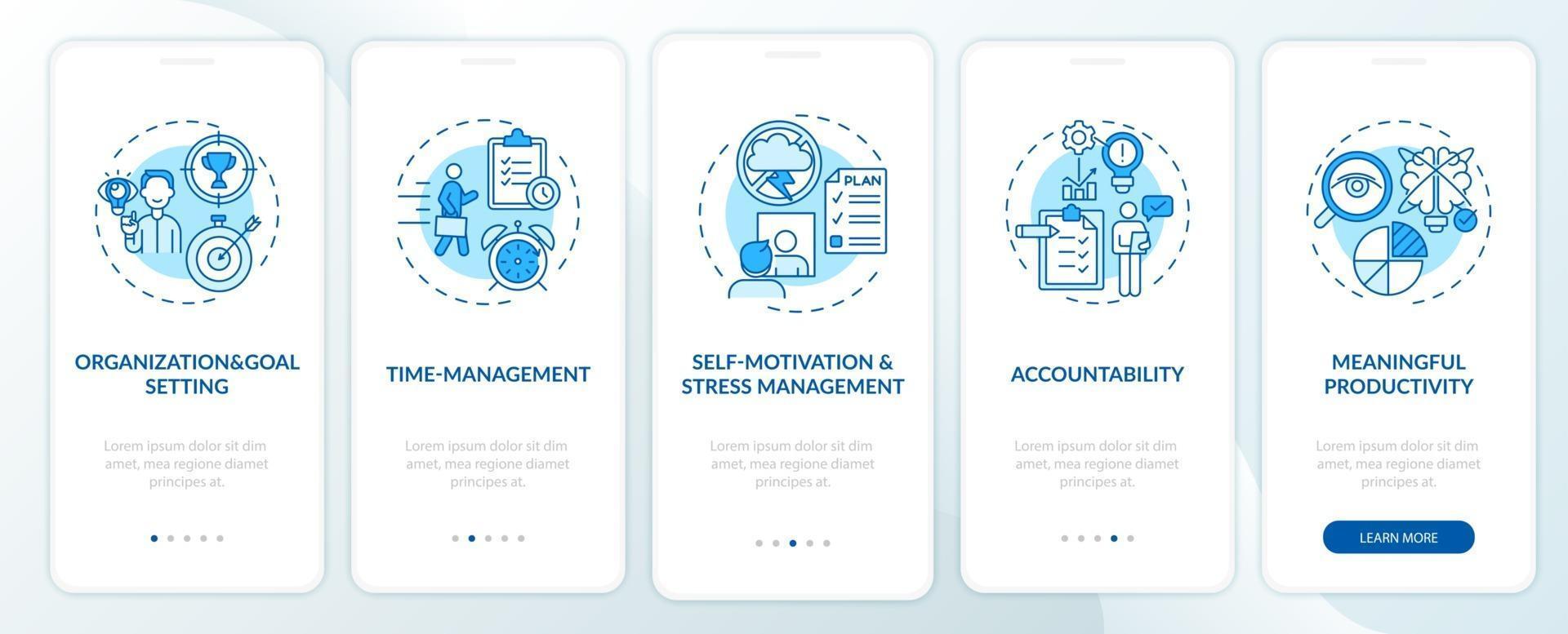 Self management skills blue onboarding mobile app page screen with concepts 2580179 Vector Art ...