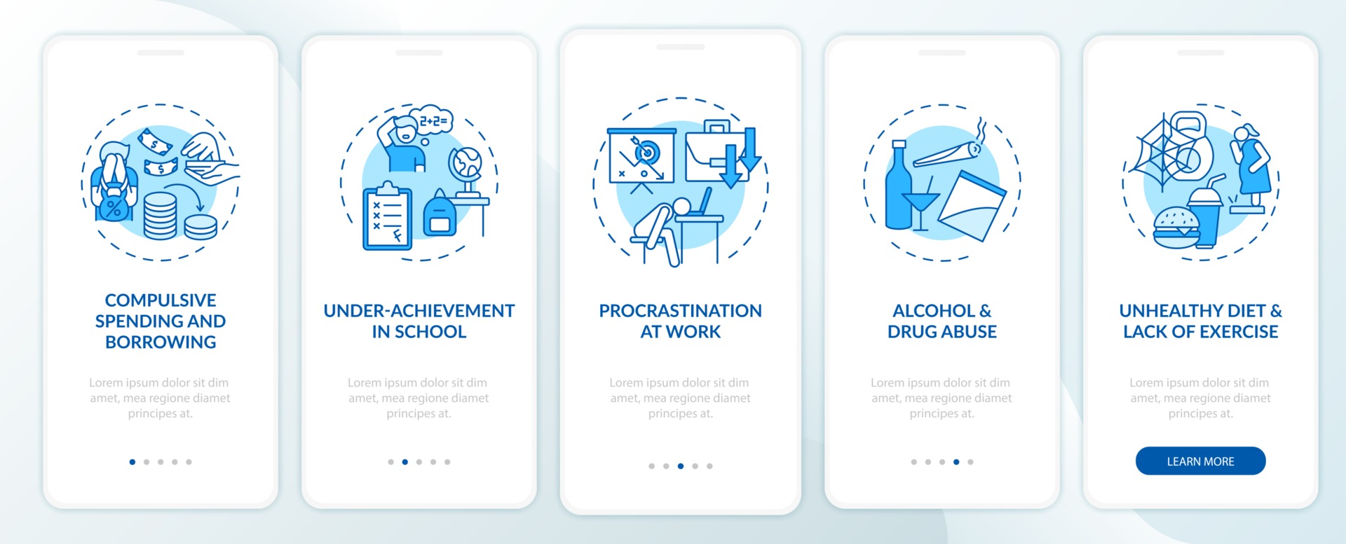 Major Self Control Problems Blue Onboarding Mobile App Page Screen With Concepts 2580182 Vector
