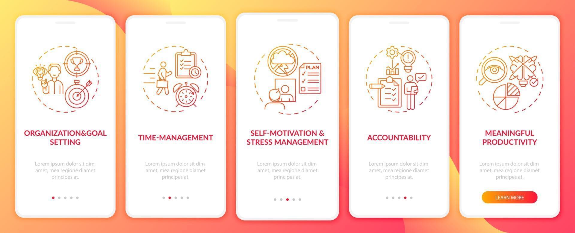 Self Management Skills Red Onboarding Mobile App Page Screen With Concepts 2581282 Vector Art At