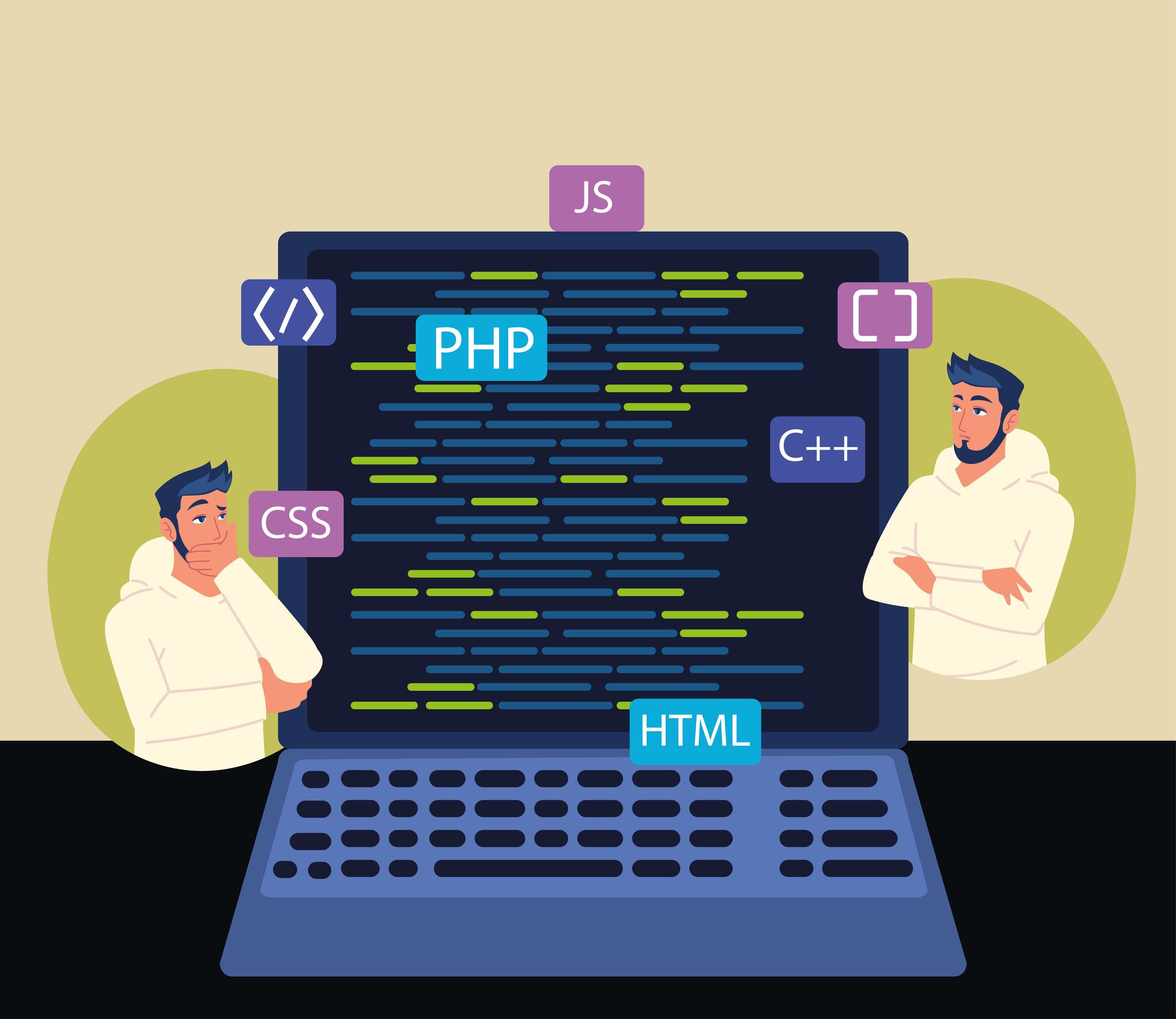 men and laptop with codes 2590160 Vector Art at Vecteezy