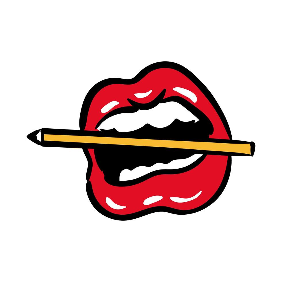 Sexi Mouth And Teeth Biting A Pencil Pop Art Line And Fill Style Icon