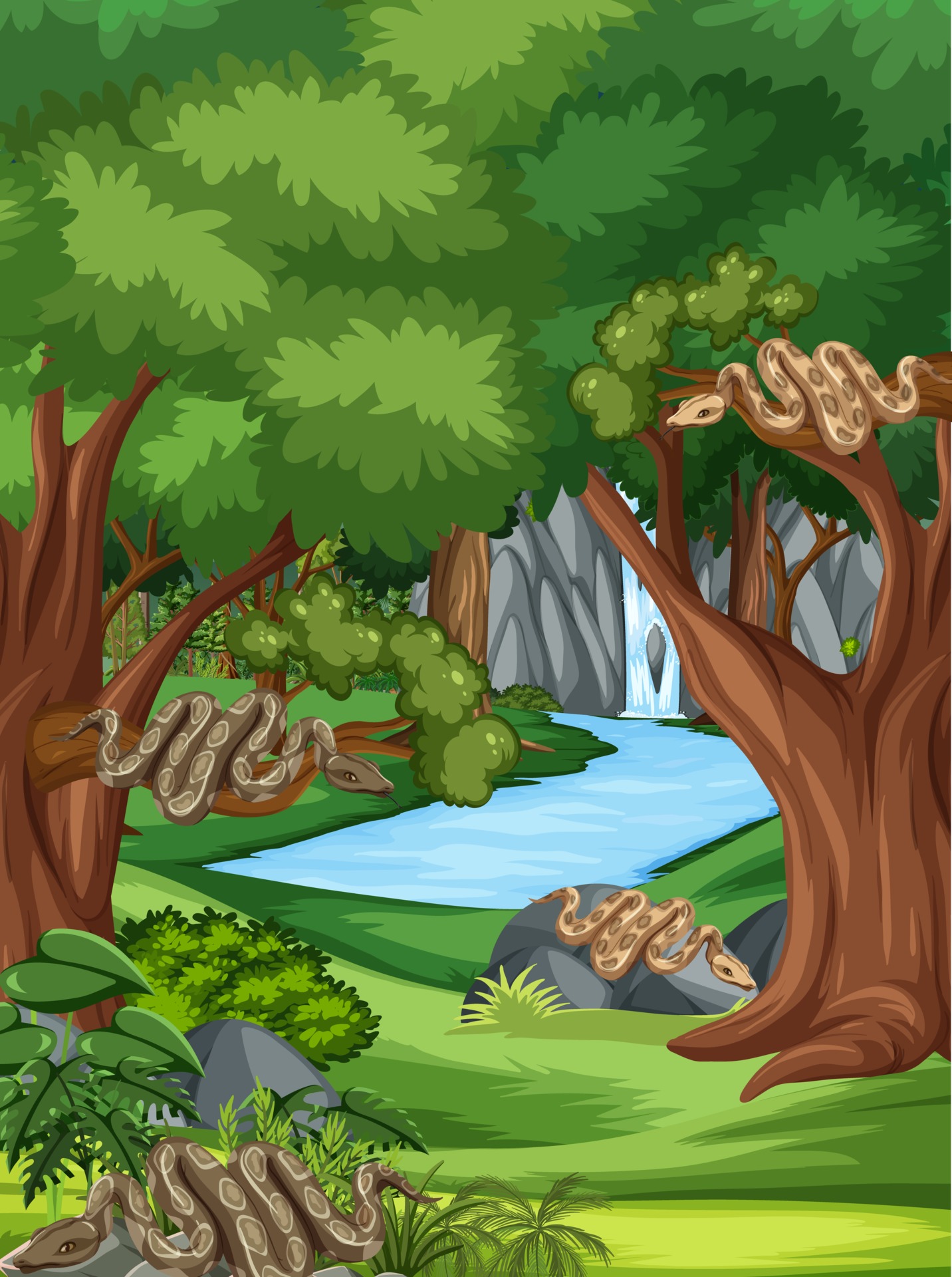 Nature scene with stream flowing through the forest with many snakes ...