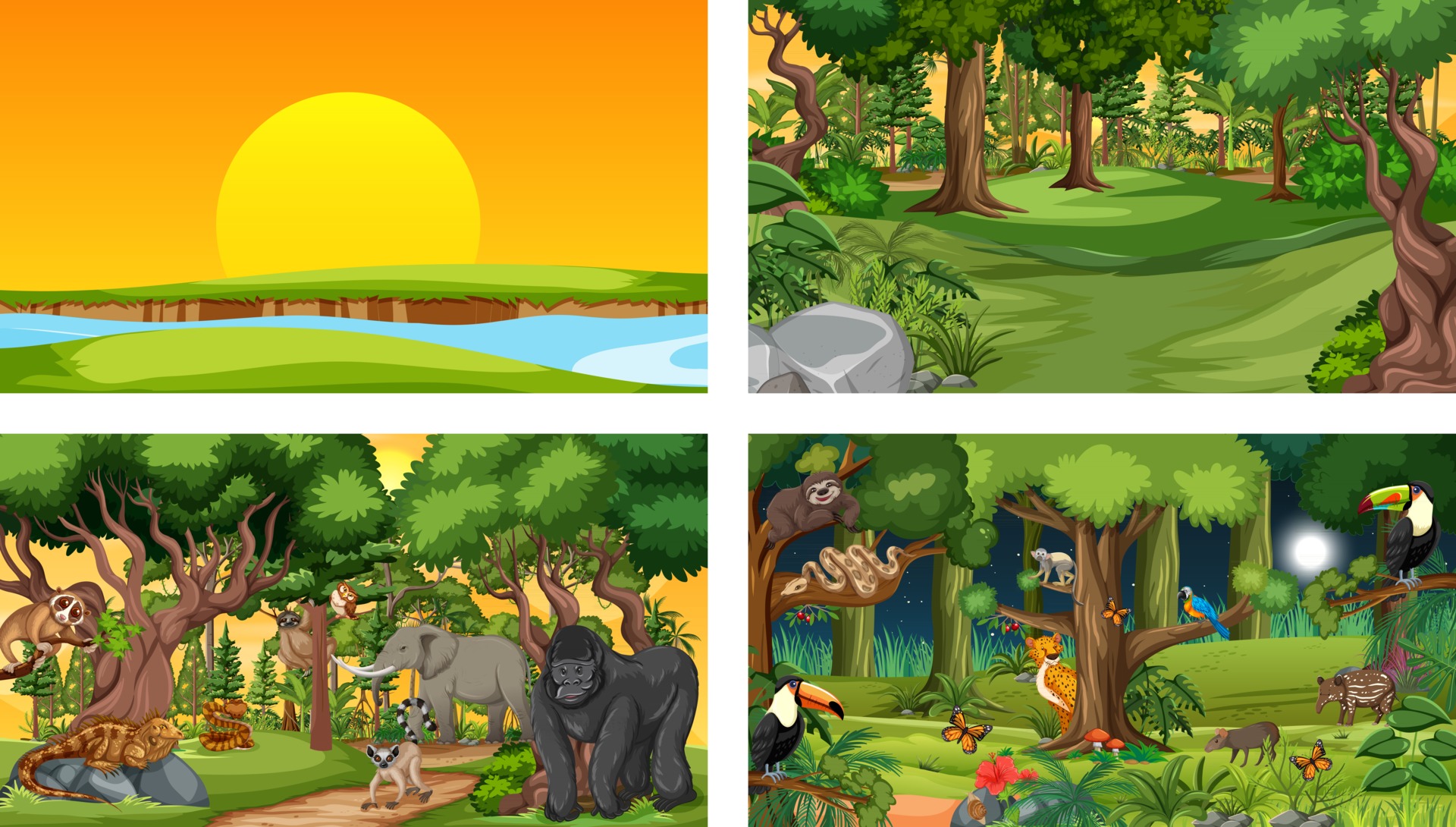 Set of different forest horizontal scene with various wild animals ...