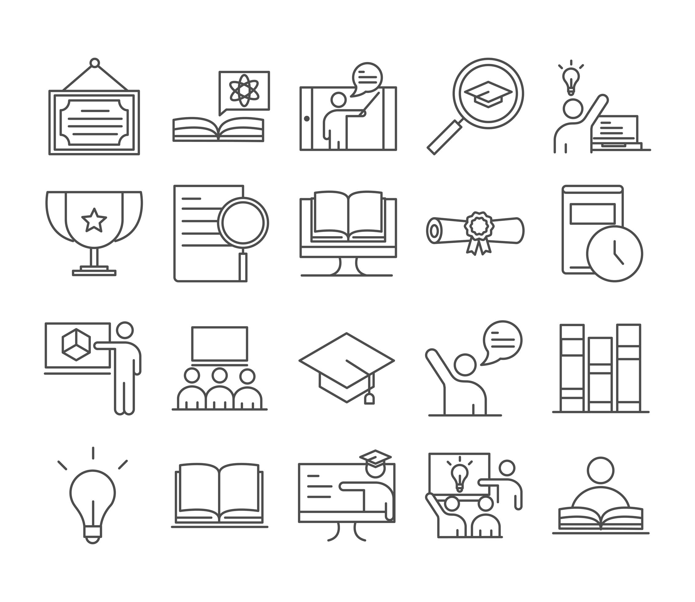 teach school education learn knowledge and training icons set line ...