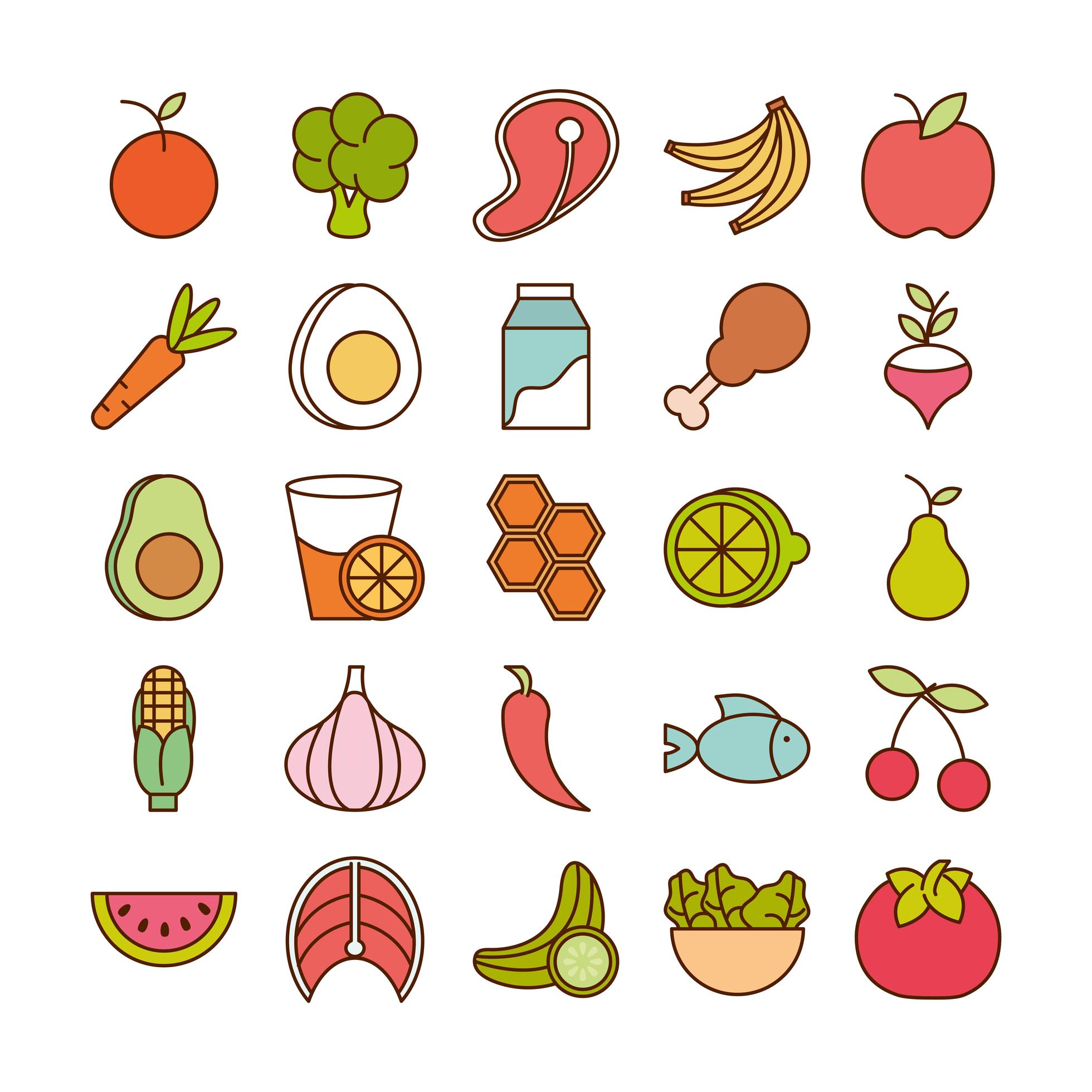Alimentos Frescos Iconos De Estilo De Dibujos Animados Imagen Vector ... Alimentos Frescos Iconos De Estilo De Dibujos Animados Imagen Vector ...
