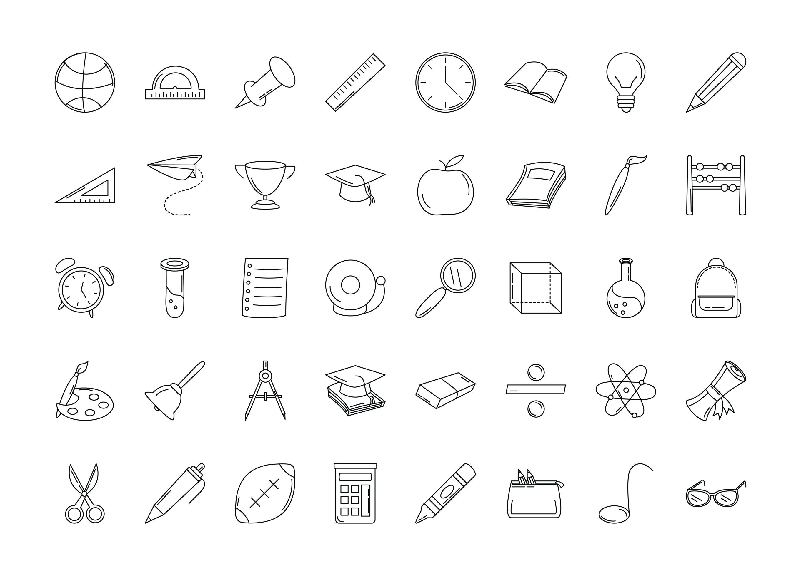 back to school supplies elementary education line icons set style ...