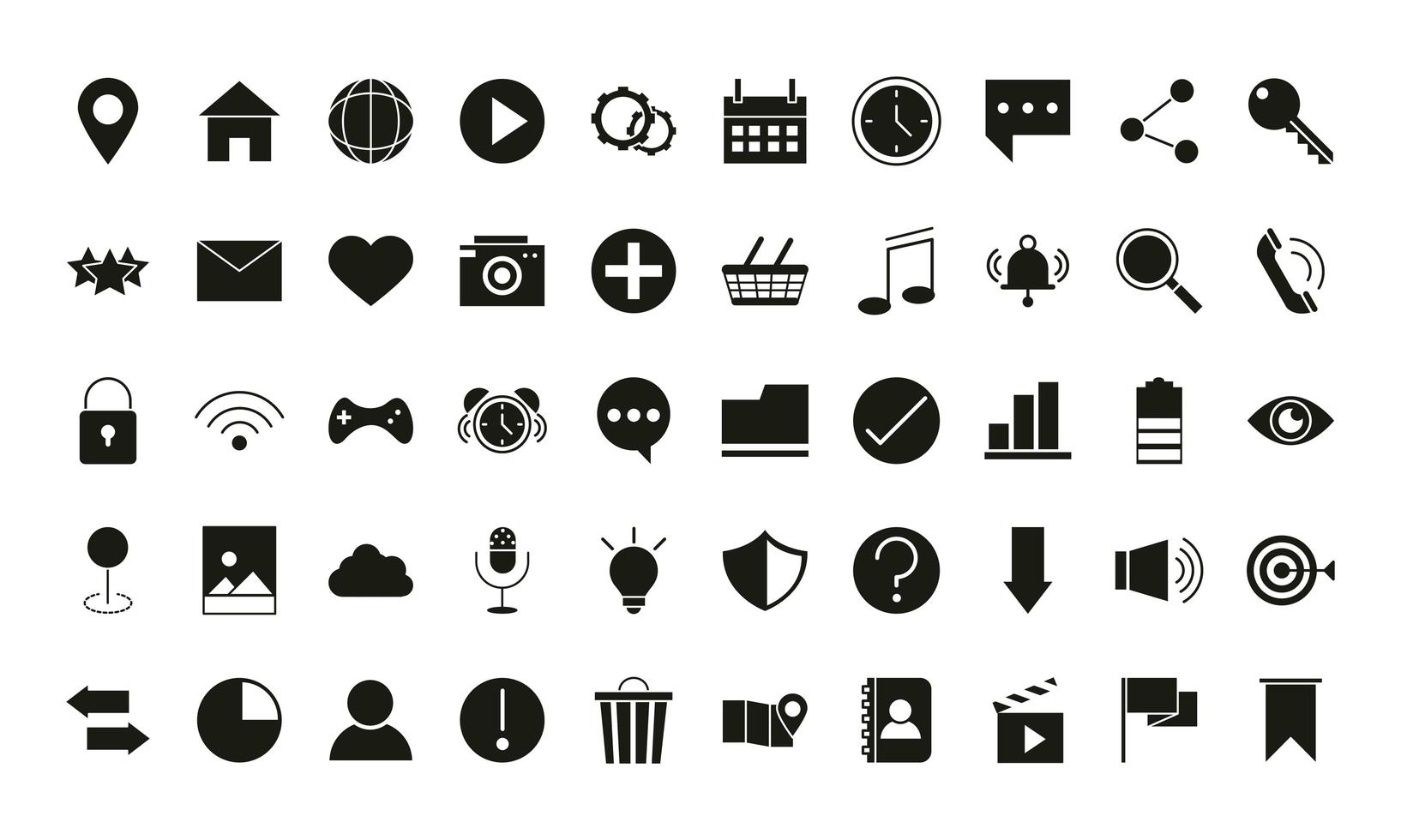 Mobile Application Web Button Menu Digital Silhouette Style Icons Set