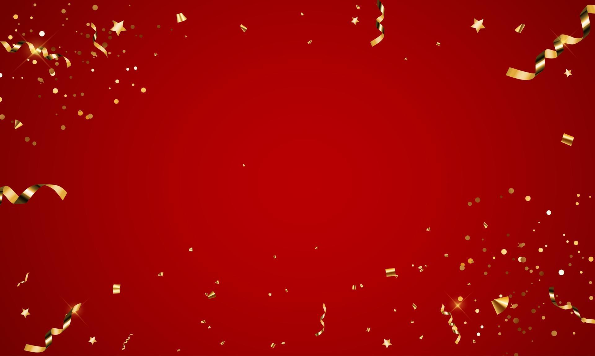 Abstract Red Party Holiday Background With Confetti And Golden Ribbon