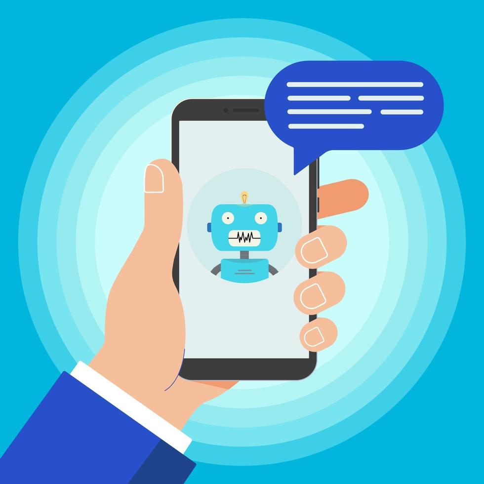 Hand holding black mobile phone chat bot 1 icon on the screen pointer ...