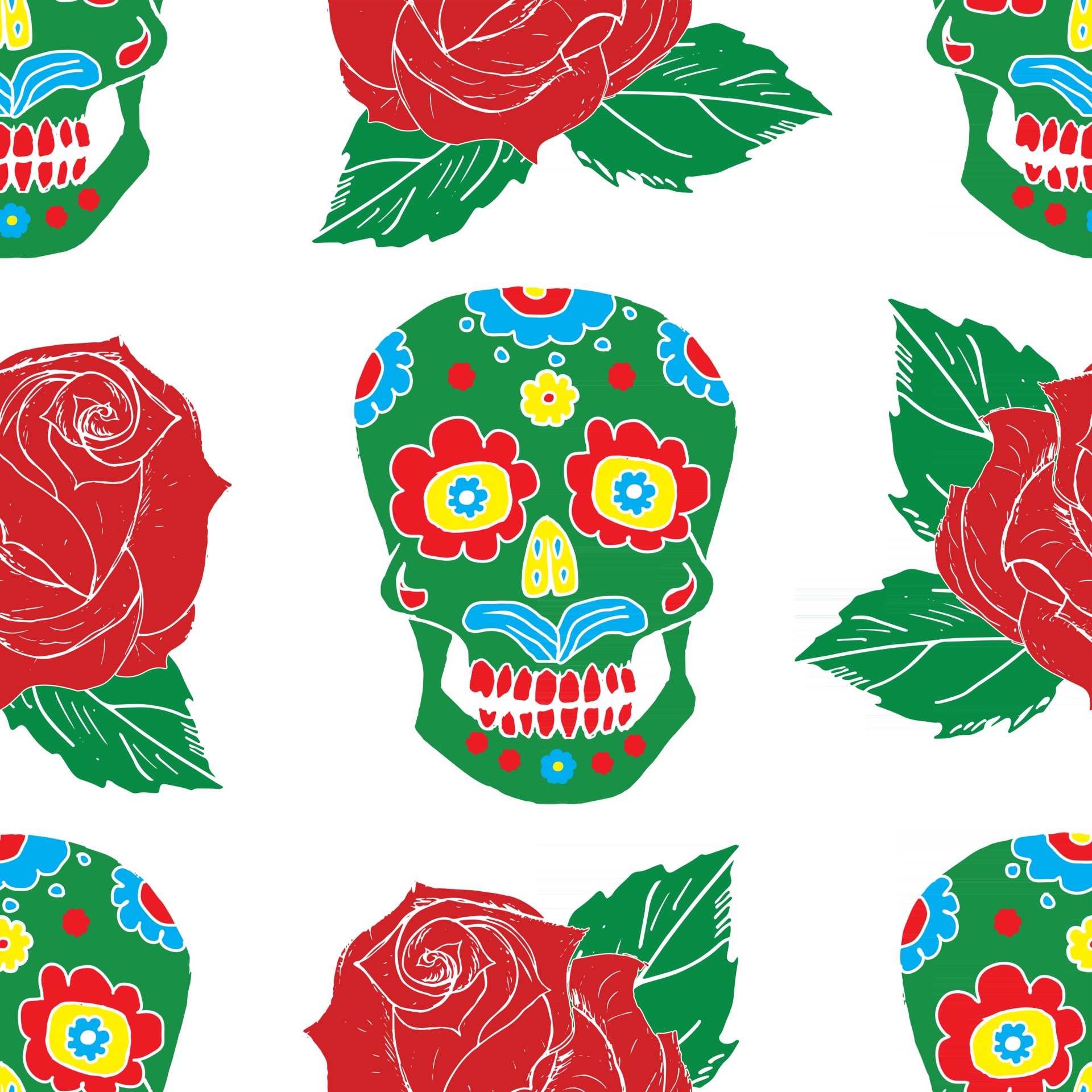 Day Of The Dead Seamless Pattern Handdrawn Sugar Skulls And Roses Background Vector