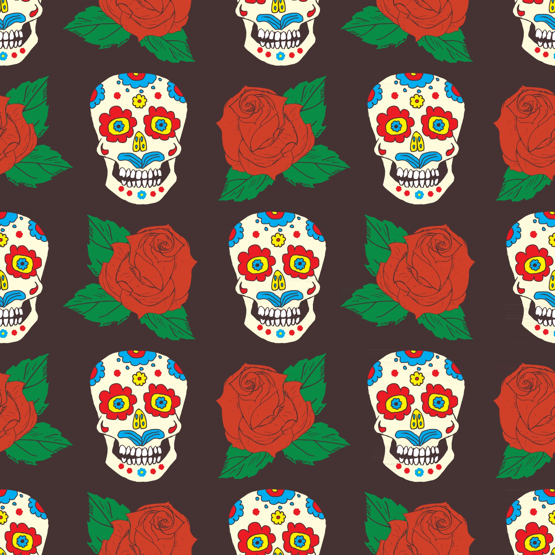 Day Of The Dead Seamless Pattern Handdrawn Sugar Skulls And Roses Background Vector