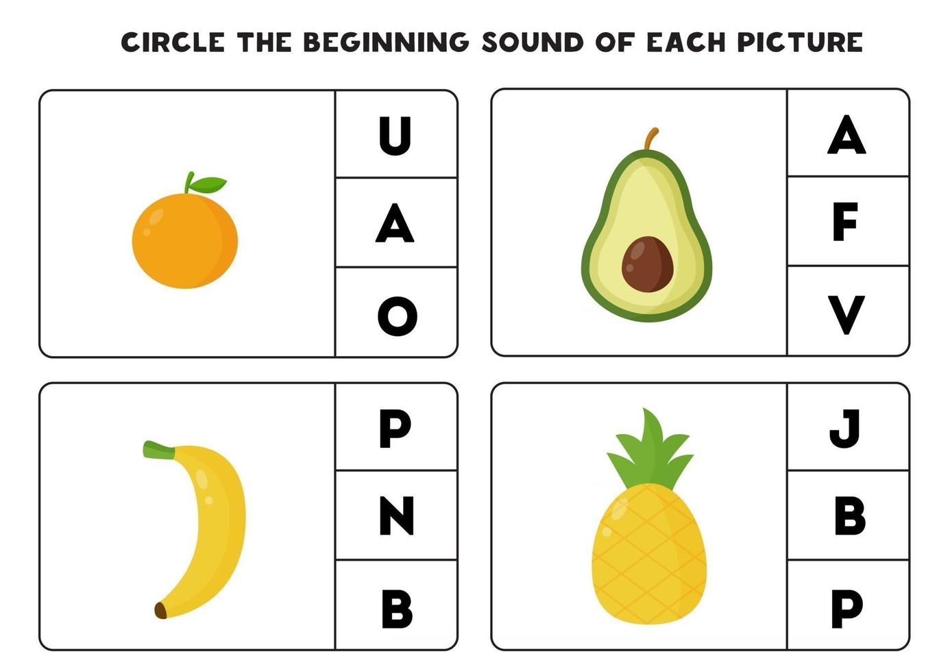 Worksheet for kids. Find the beginning sound. Cute kawaii fruits ...