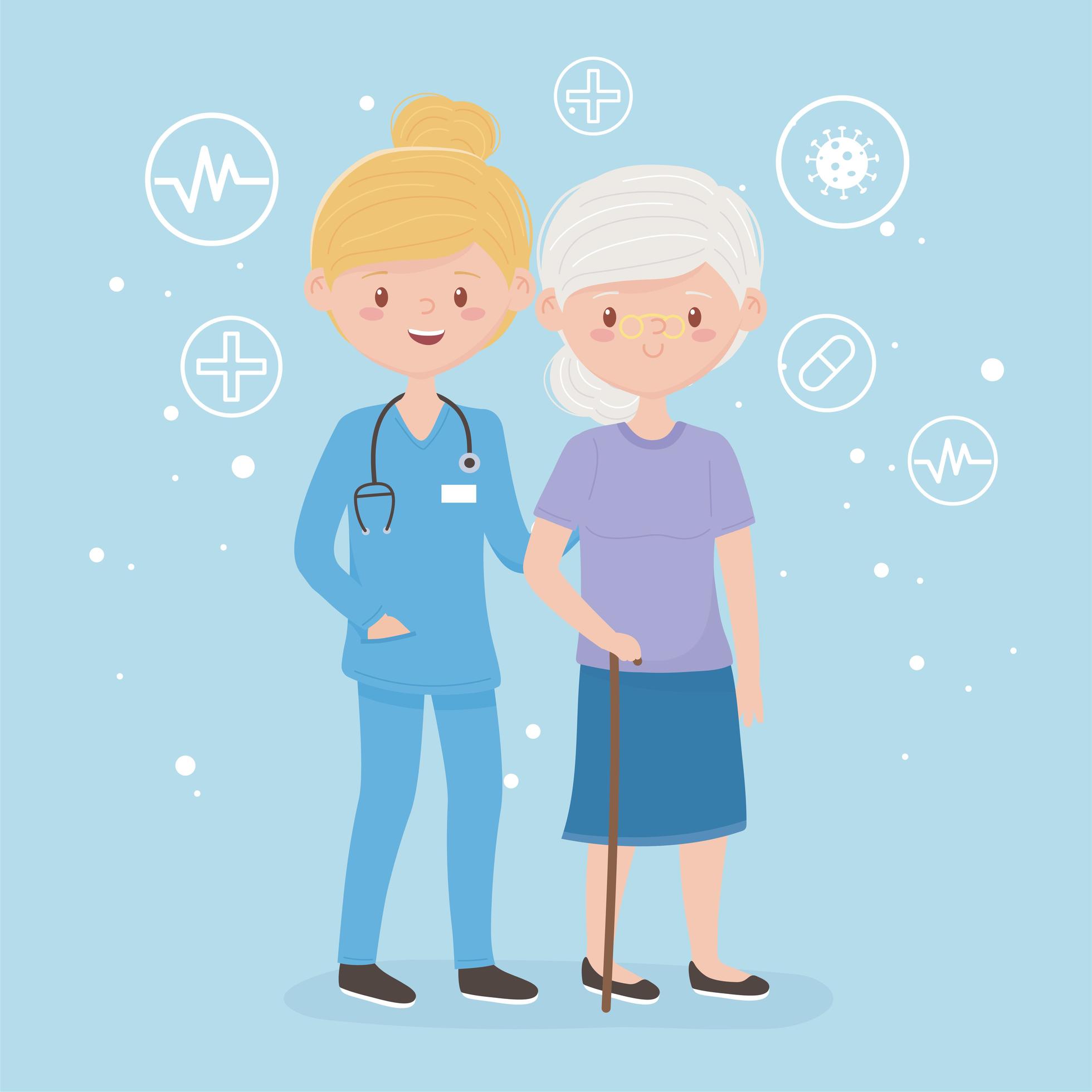 female with surgery uniform and patient old woman cartoon character ...