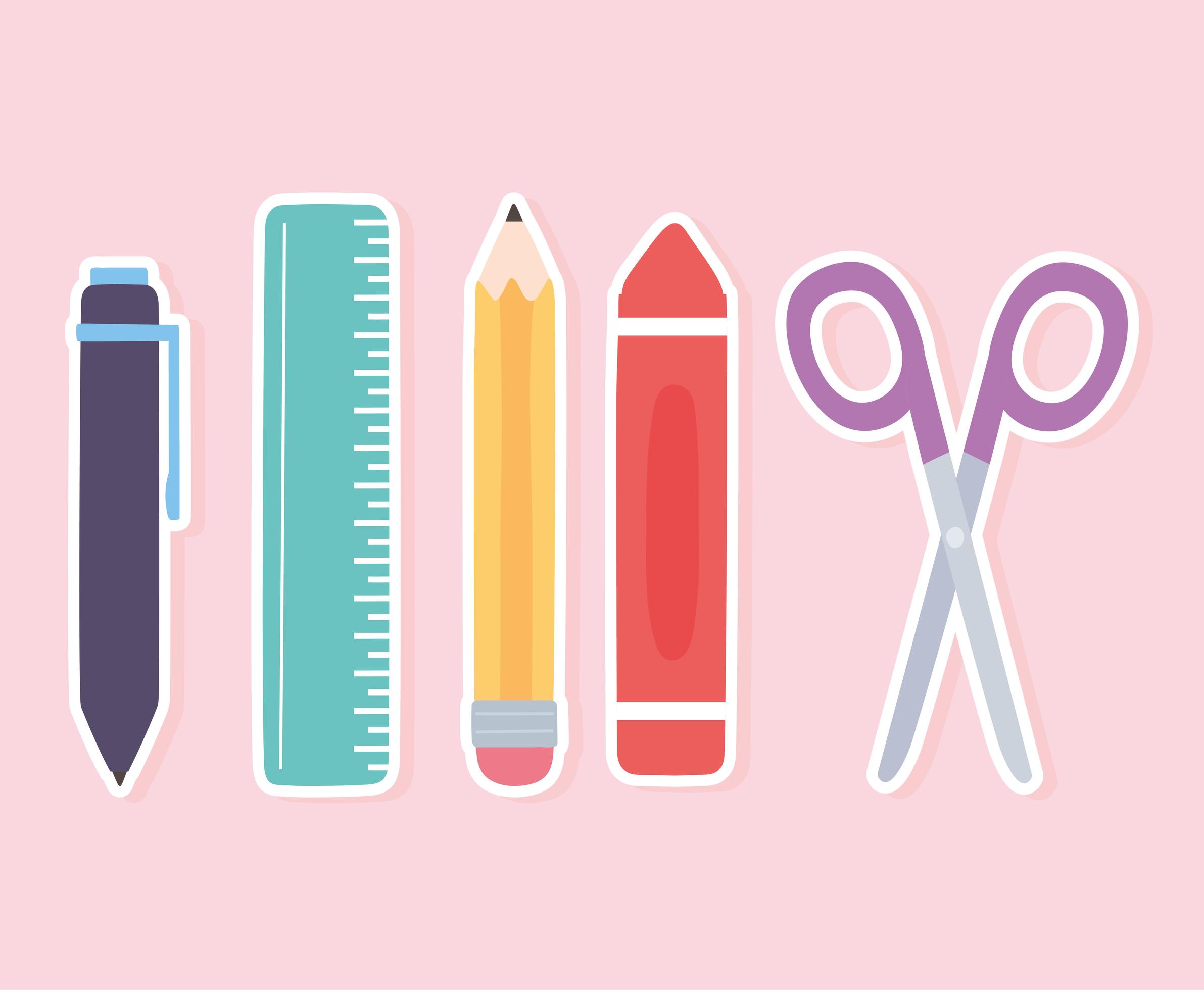 school ruler pencil scissors crayon pen supplies icons 2676542 Vector ...