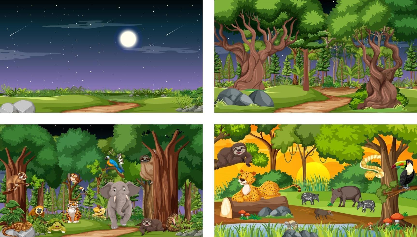 Set of different forest horizontal scene with various wild animals ...