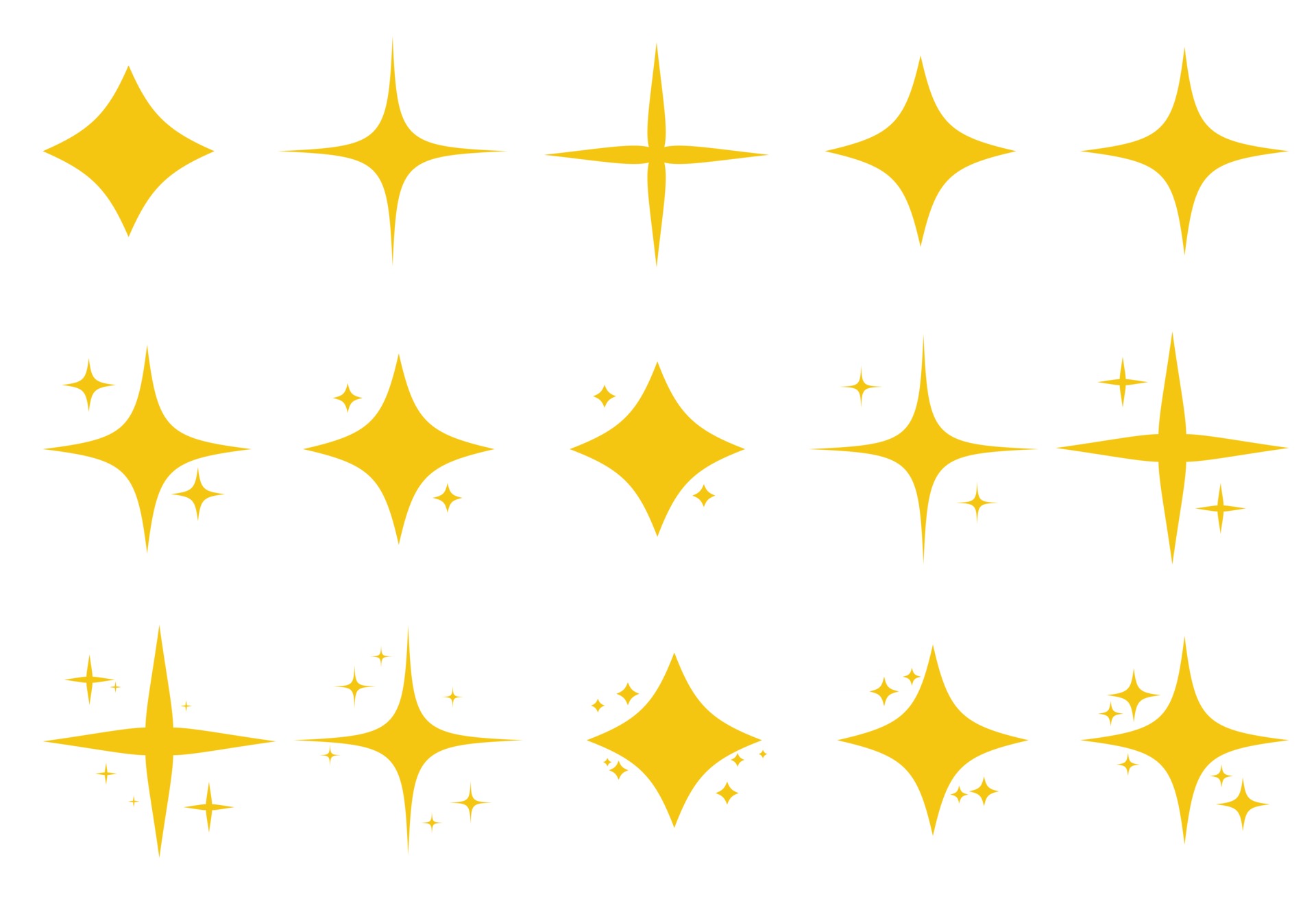 Yellow set of original bright stars sparkle icon. Glowing light effect stars collection. Vector ...