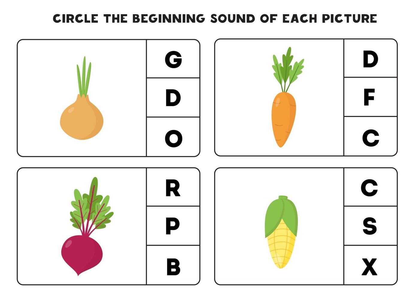 Worksheet for kids. Find the beginning sound. Cartoon vegetables ...