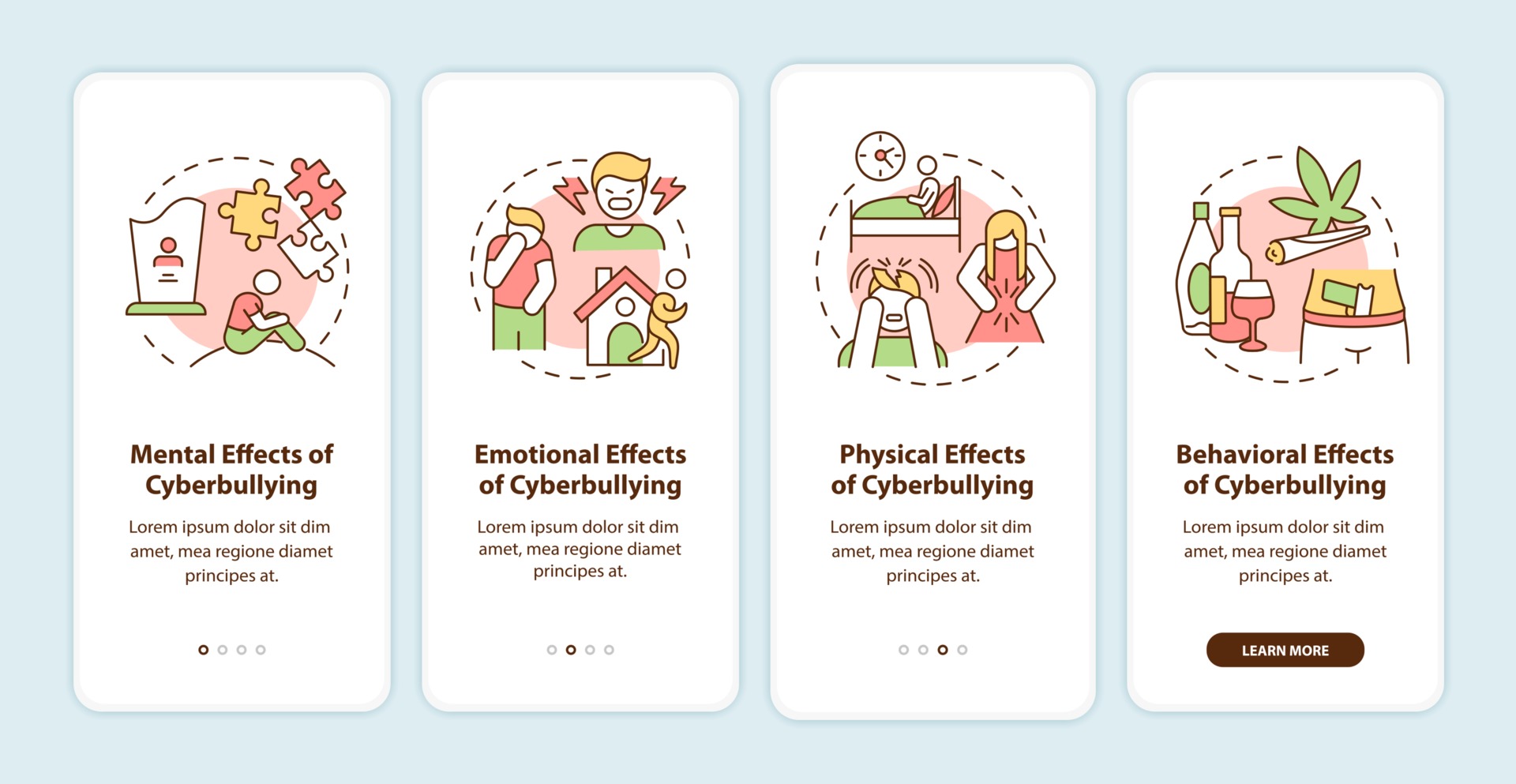 Cyberbullying Effects Onboarding Mobile App Page Screen With Concepts Mental Emotional Effects