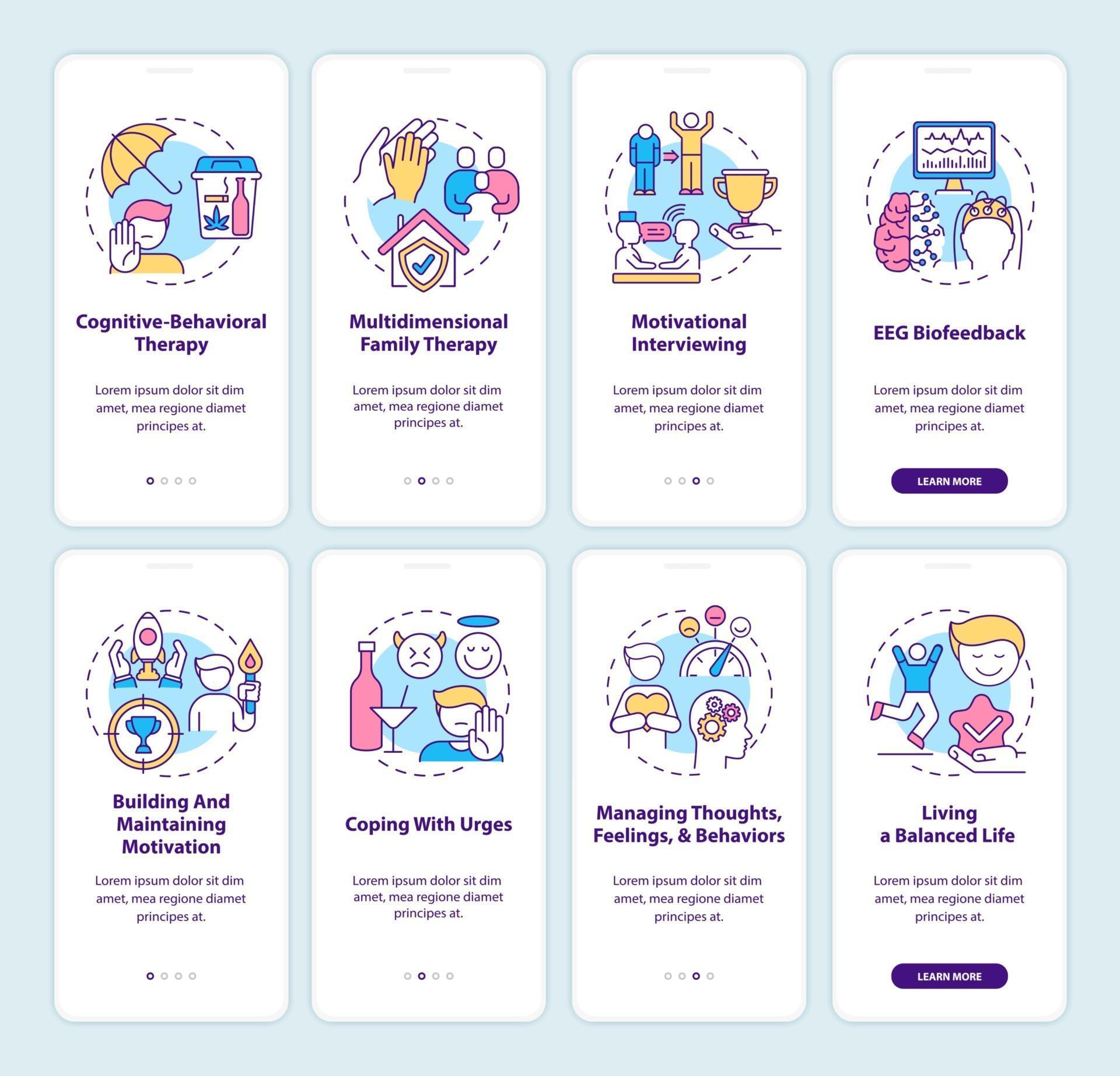 Rehabilitation Onboarding Mobile App Page Screen With Concepts Set Addiction Types Walkthrough