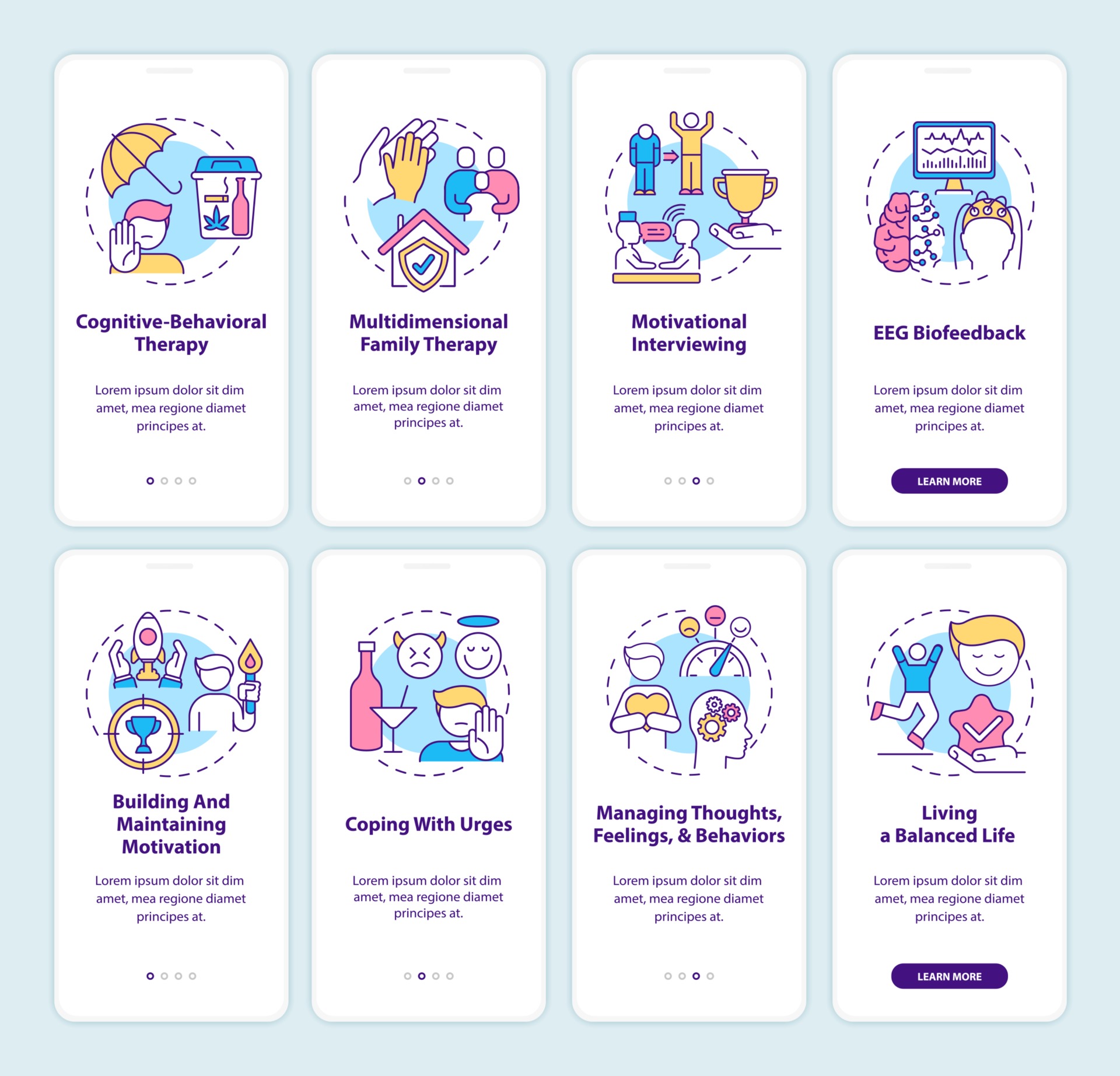 Rehabilitation Onboarding Mobile App Page Screen With Concepts Set Addiction Types Walkthrough