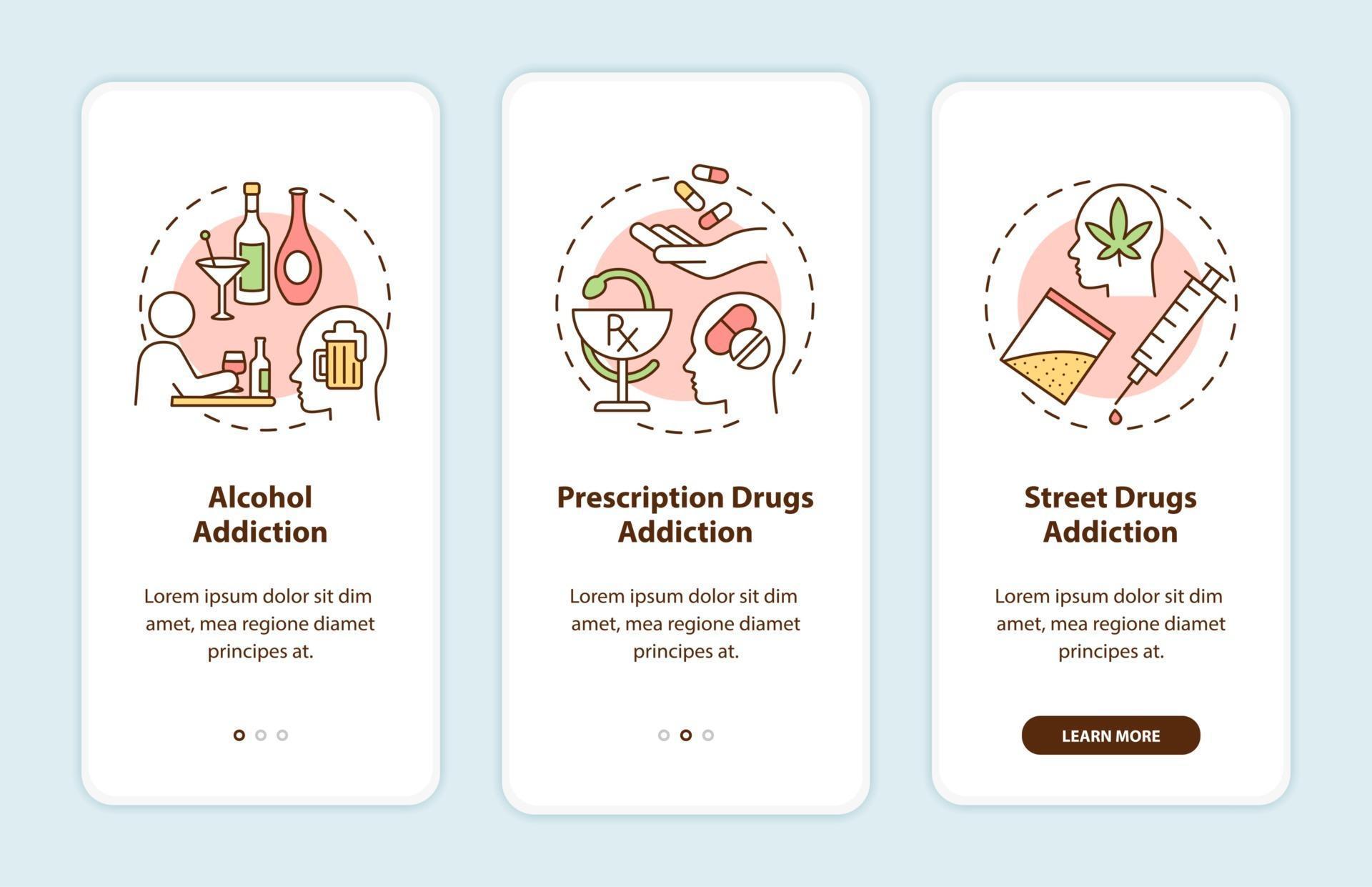 Addiction Types Onboarding Mobile App Page Screen With Concepts Alcohol Addiction Walkthrough 3