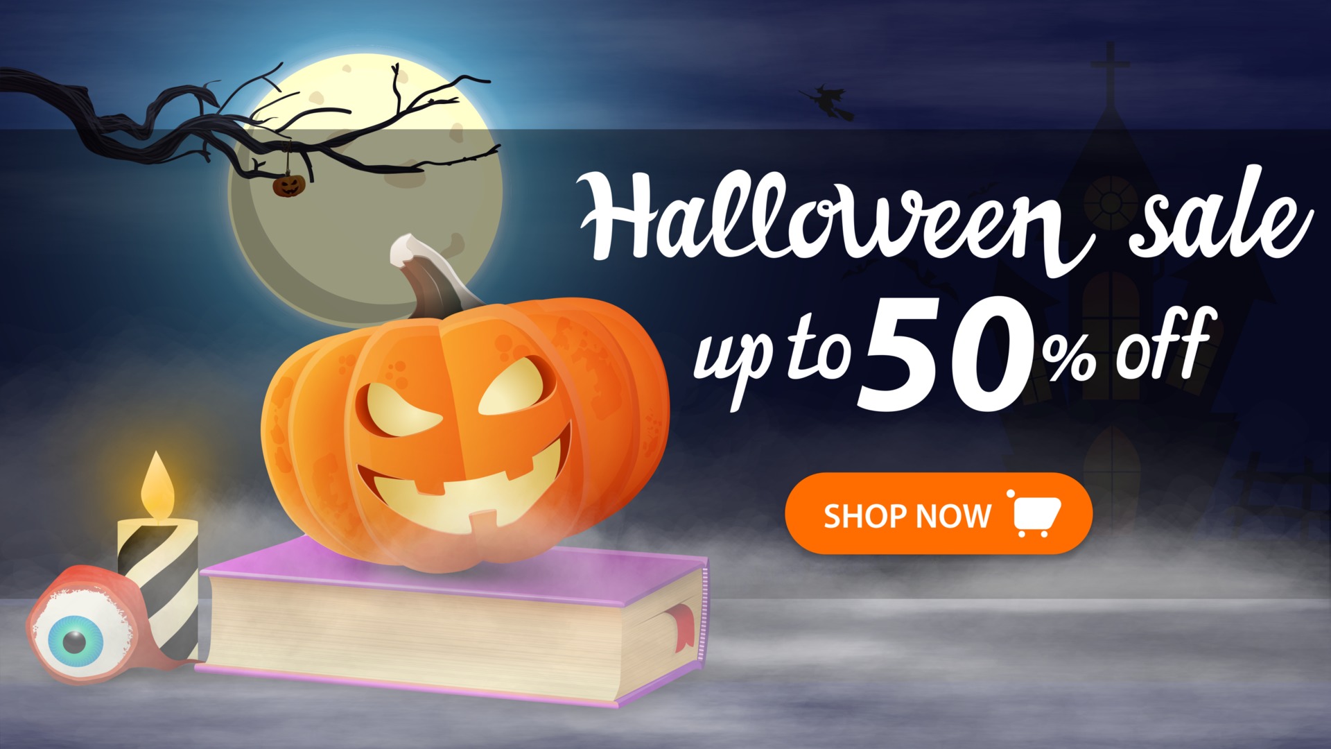 Halloween sale, -50 off, horizontal discount banner with night ...