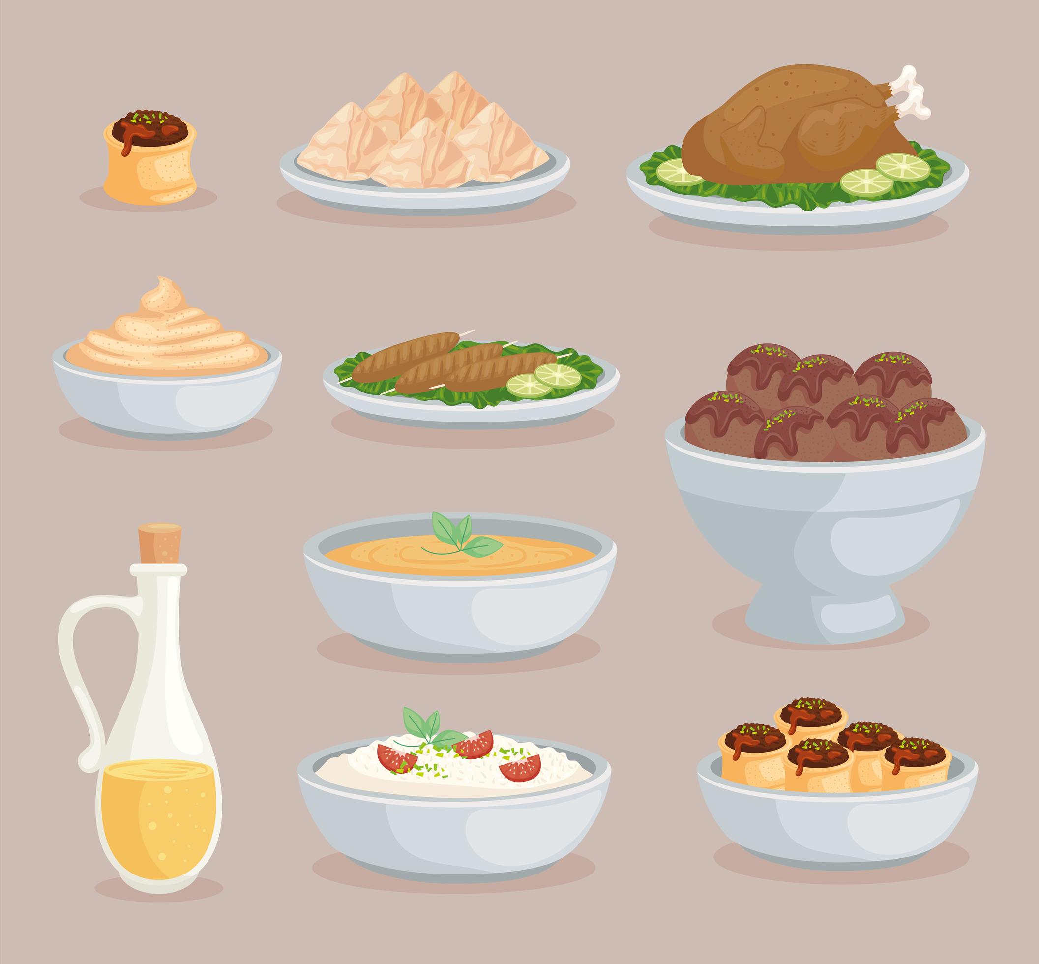 ten arabic foods 2694709 Vector Art at Vecteezy