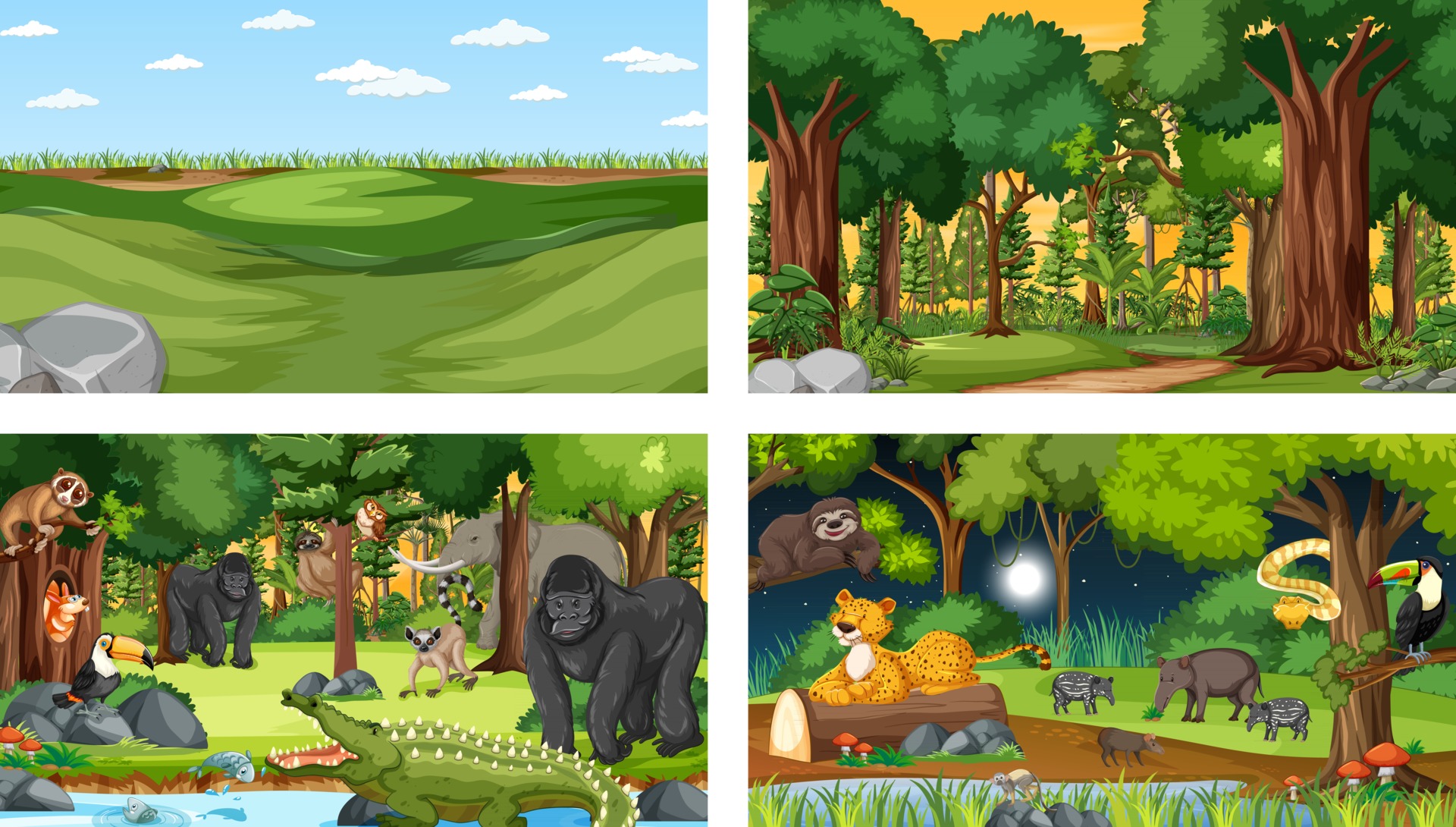 Set of different forest horizontal scene with various wild animals ...