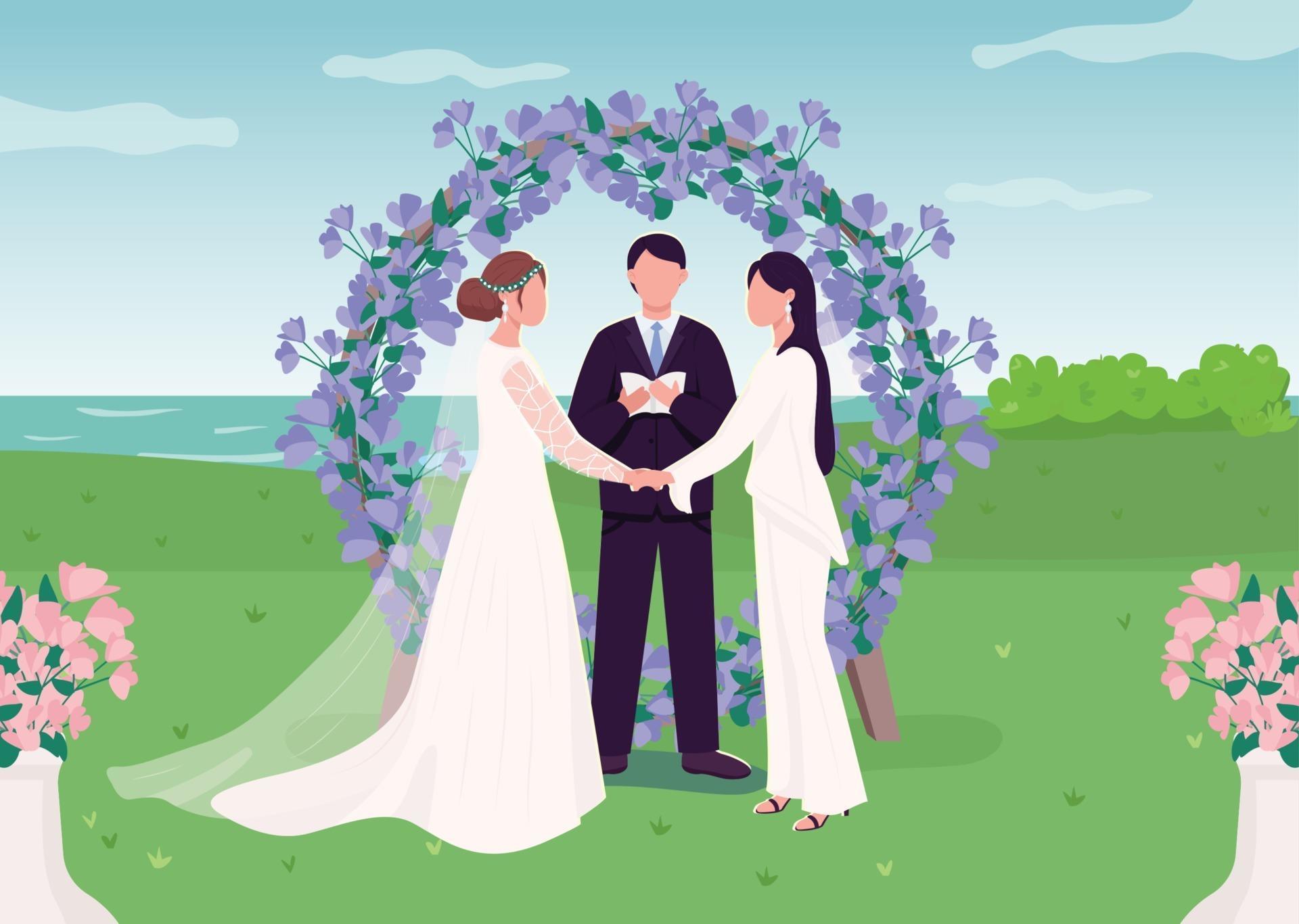 Wedding Ceremony For Lesbian Couple Flat Color Vector Illustration