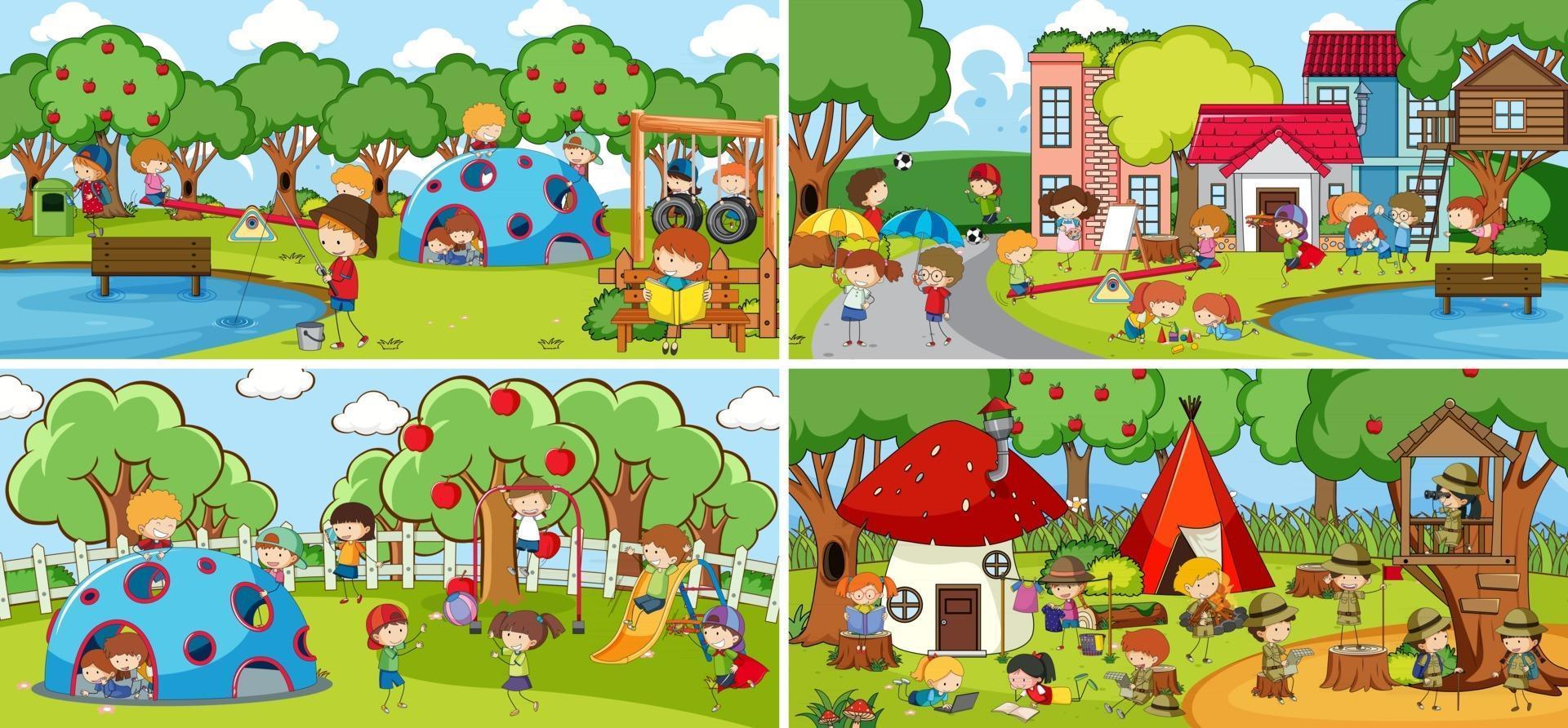 Outdoor scene set with many kids doodle cartoon character 2729002 ...